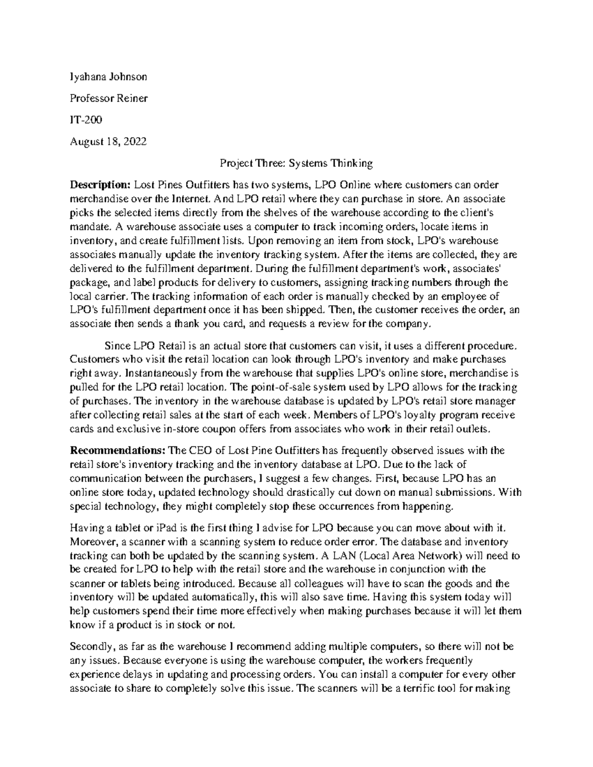 Project Three Systems Thinking - Copy - Iyahana Johnson Professor ...