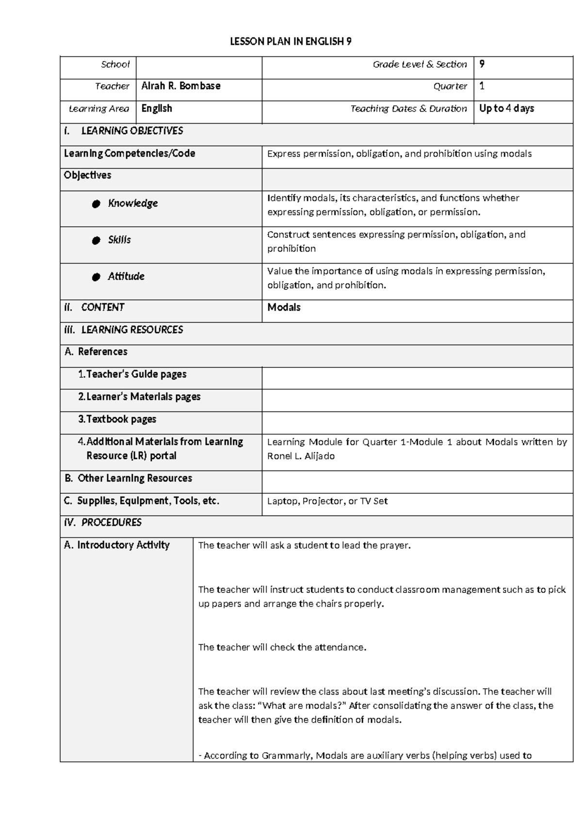 Lesson Plan Grade 9 - LESSON PLAN IN ENGLISH 9 School Grade Level ...