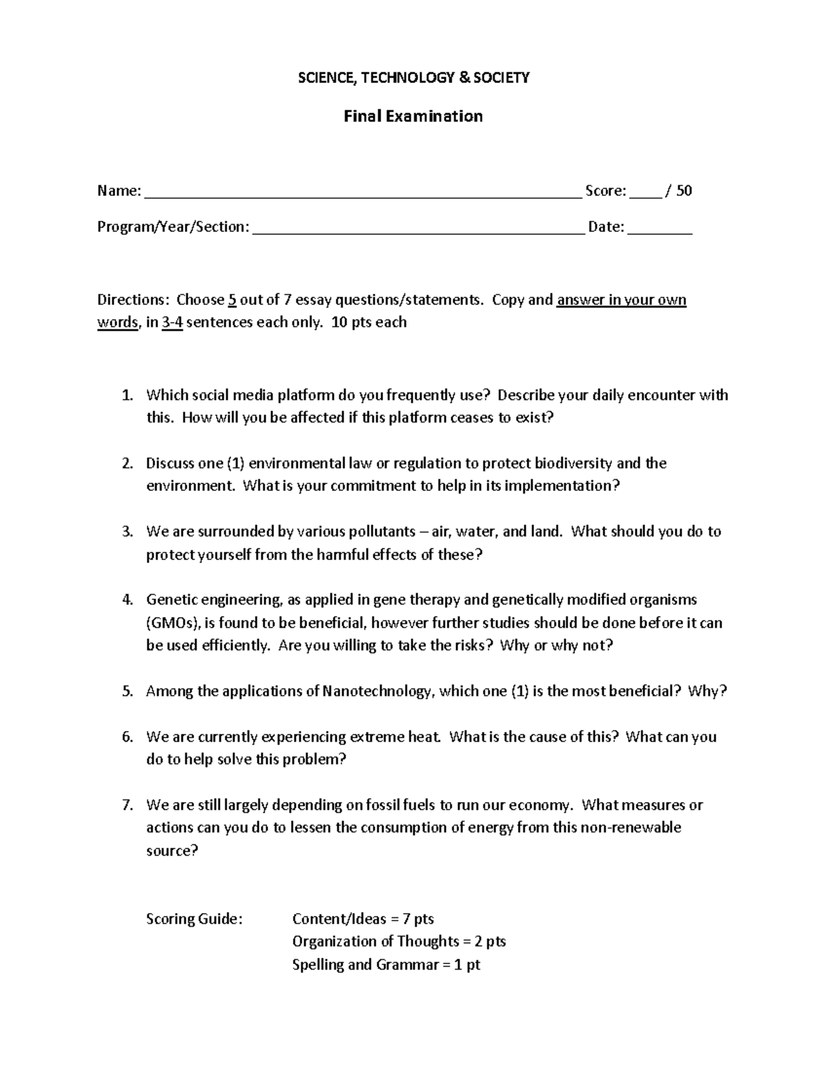 STS Final Exam - SCIENCE, TECHNOLOGY & SOCIETY Final Examination Name ...