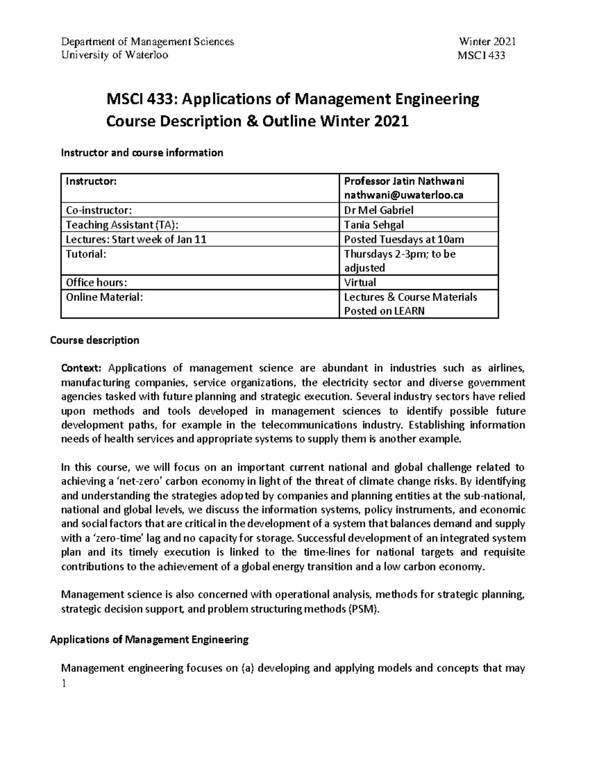 MSCI433 Course Description & Outline - University of Waterloo MSCI 433 ...