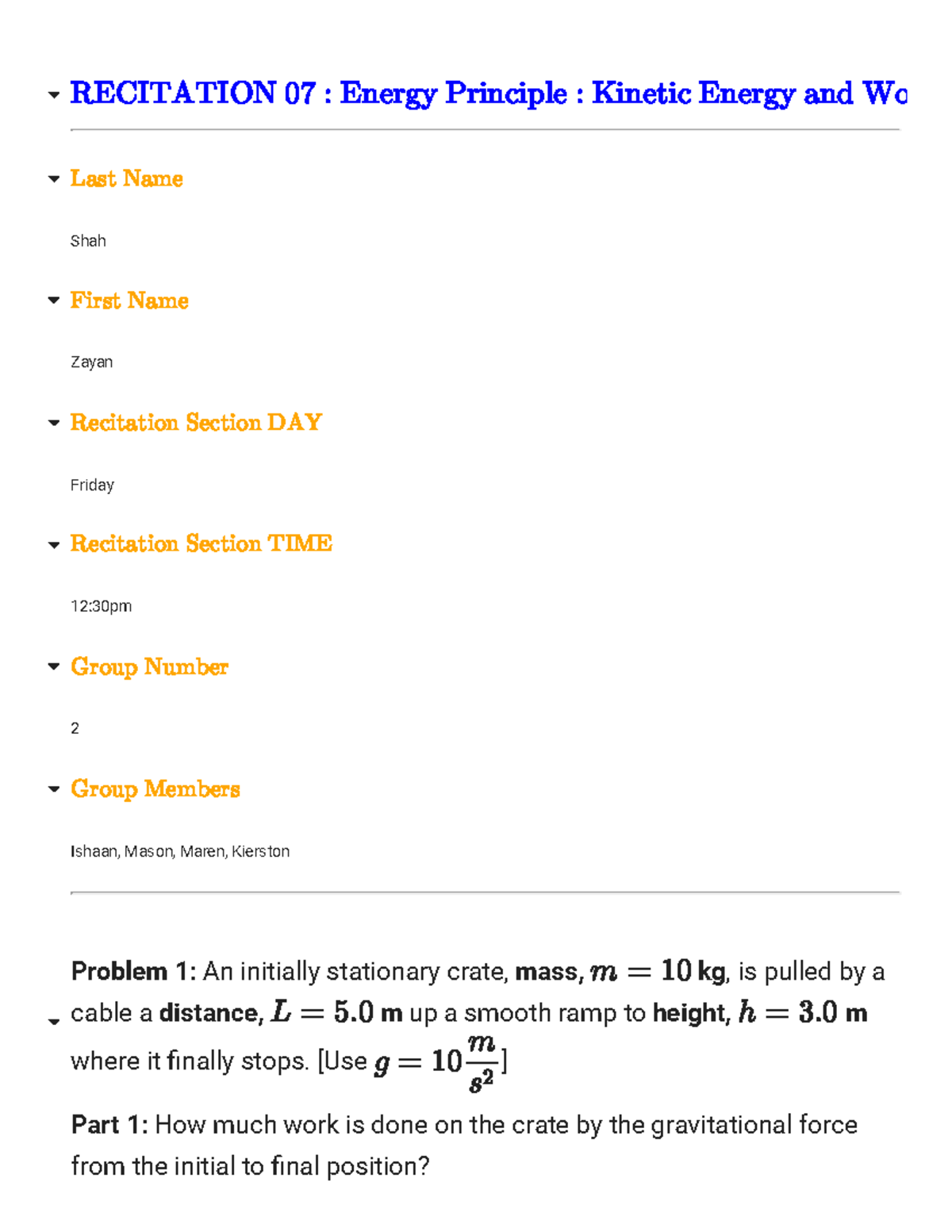 Phys172 Rec07 Modern Mechanics - RECITATION 07 : Energy Principle ...
