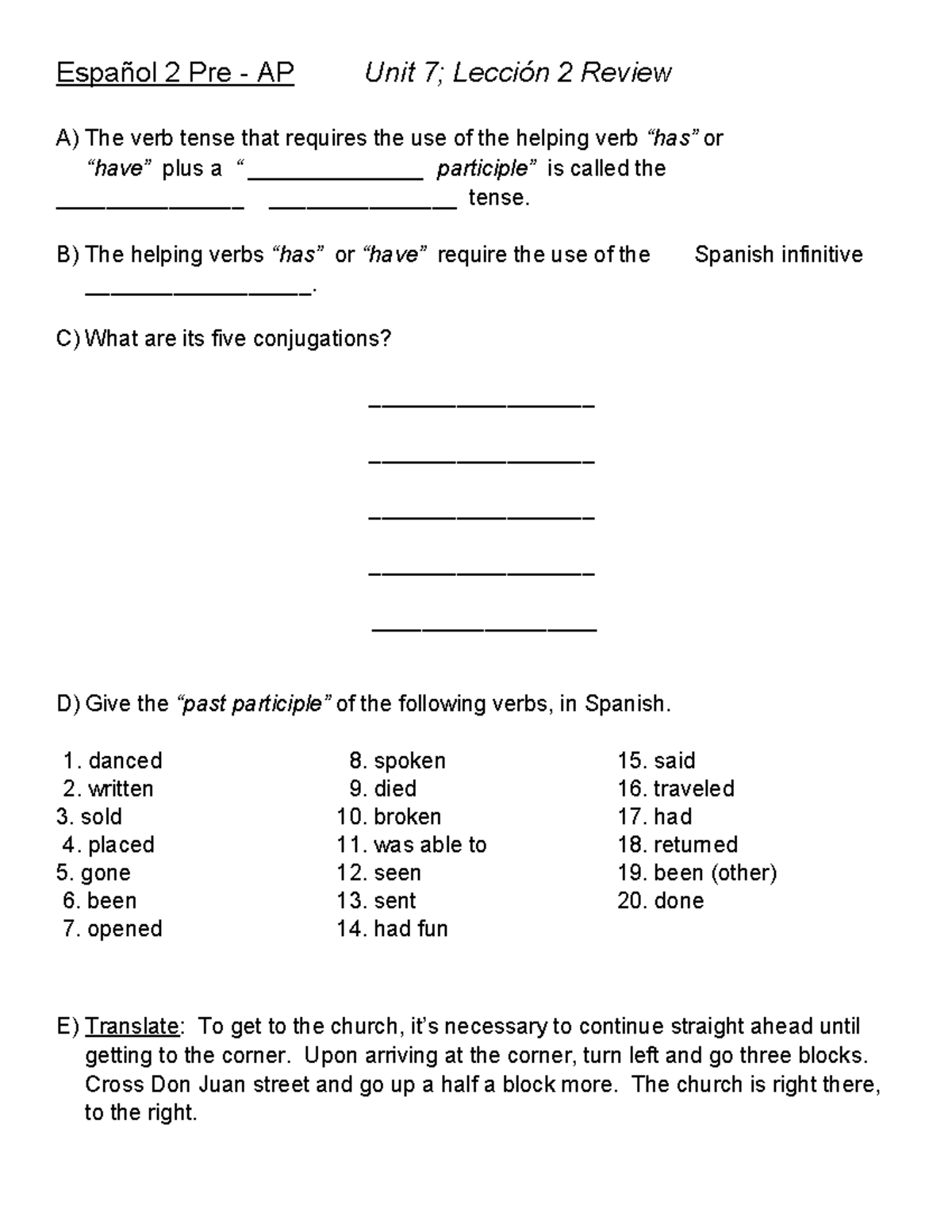 Unit 7;2 Pre-Ap Test Review - Español 2 Pre - AP Unit 7; Lección 2 ...