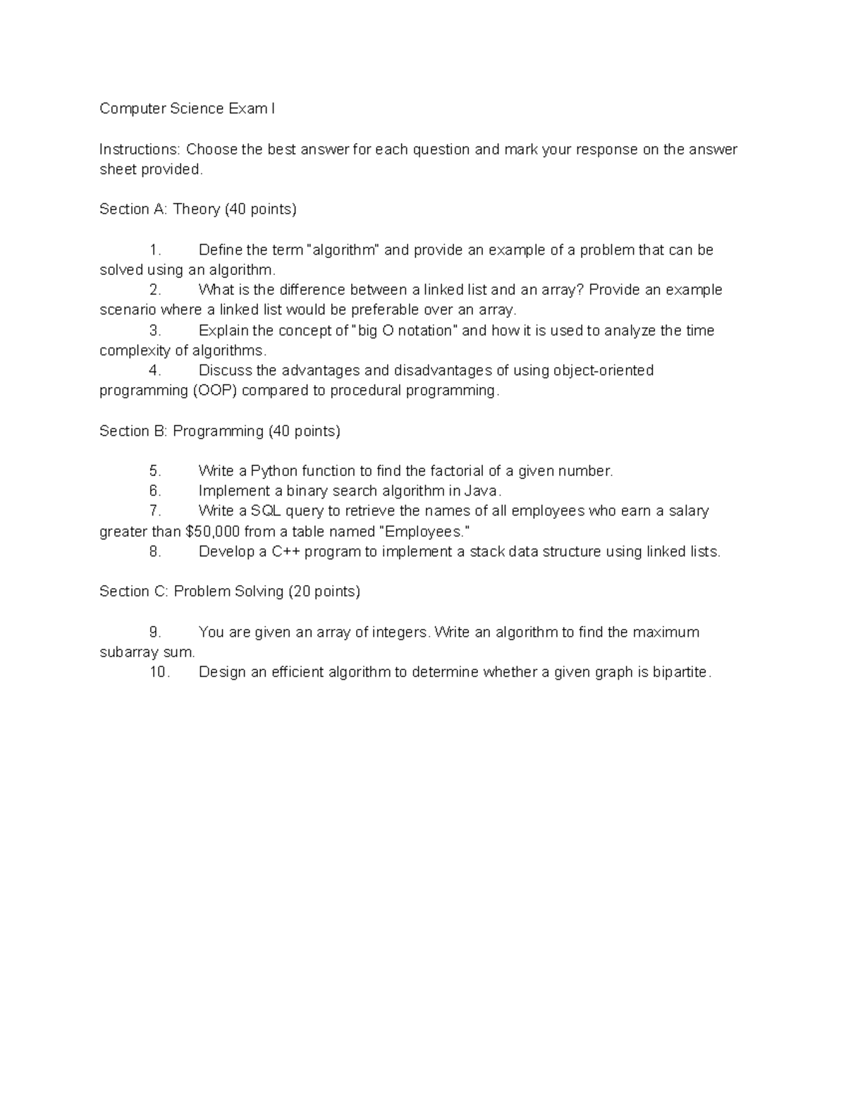 CS 1498 Exam 1 - With - Computer Science Exam I Instructions: Choose ...