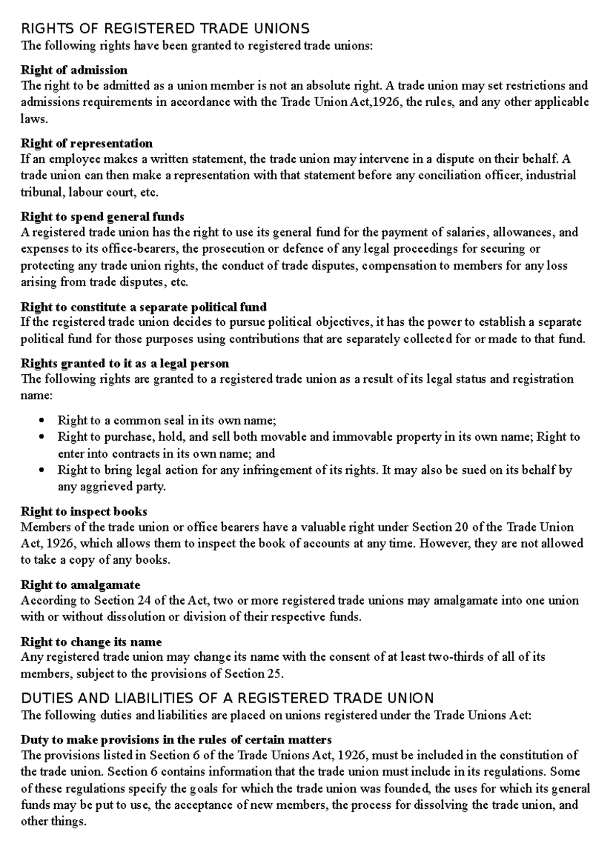 Rights of registered trade unions - RIGHTS OF REGISTERED TRADE UNIONS ...