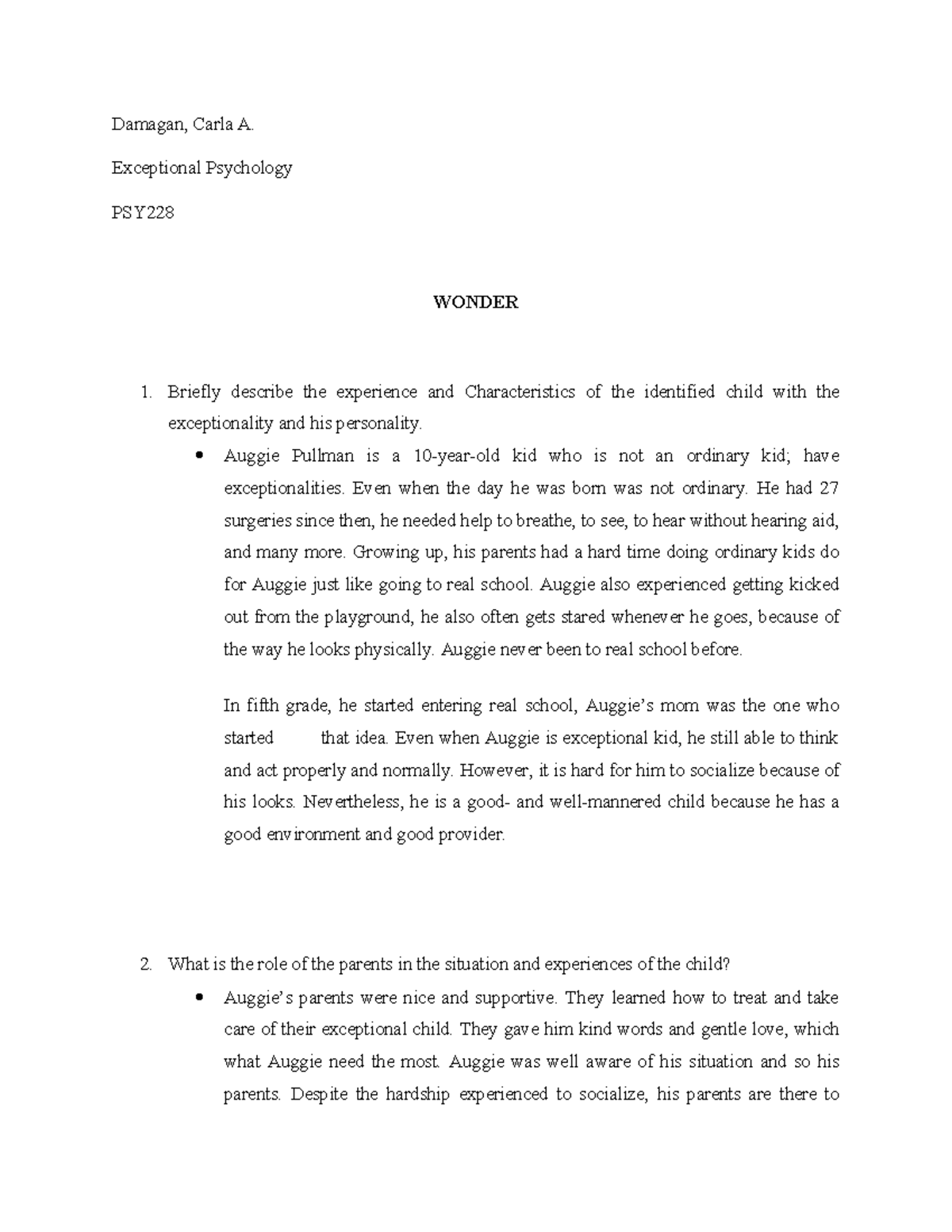 Wonder - Damagan, Carla A. Exceptional Psychology PSY WONDER Briefly ...