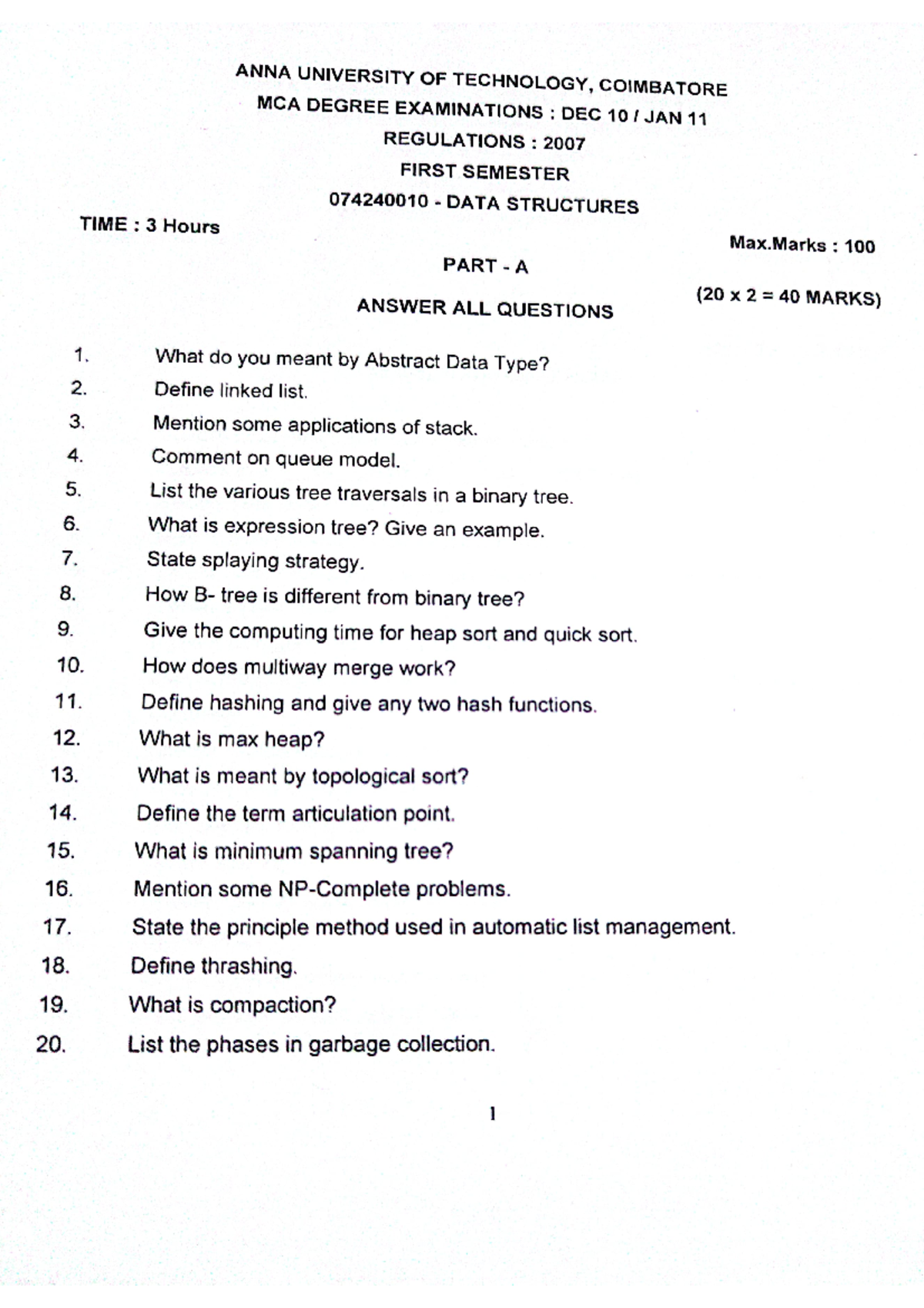 Data structures reg 2007 - Master of Computer Applications - Studocu