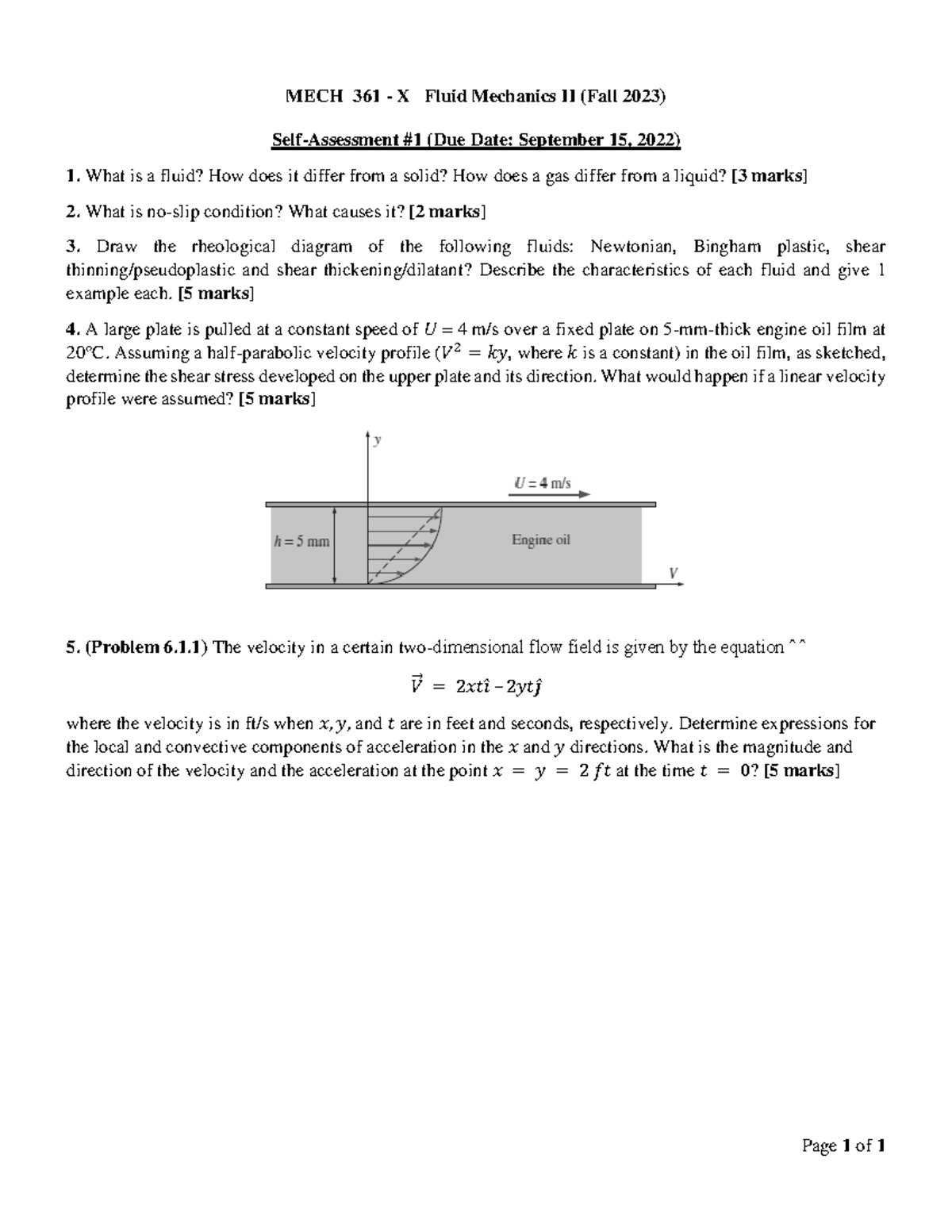 Self-Assessment 1 - Self-Assessment 1 - Page 1 of 1 MECH 361 - X Fluid ...