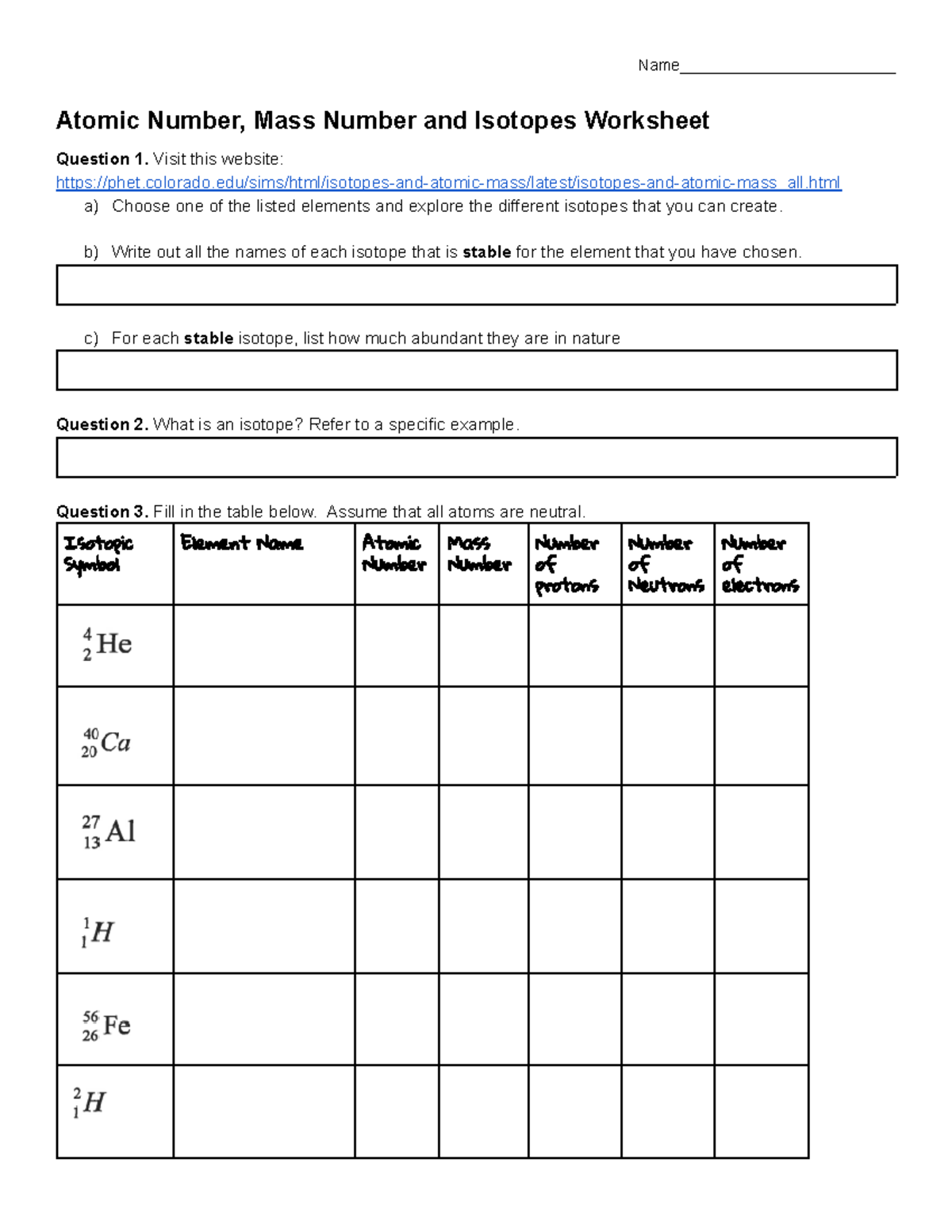 Copy of Atomic Number, Mass Number and Isotopes worksheet - Name