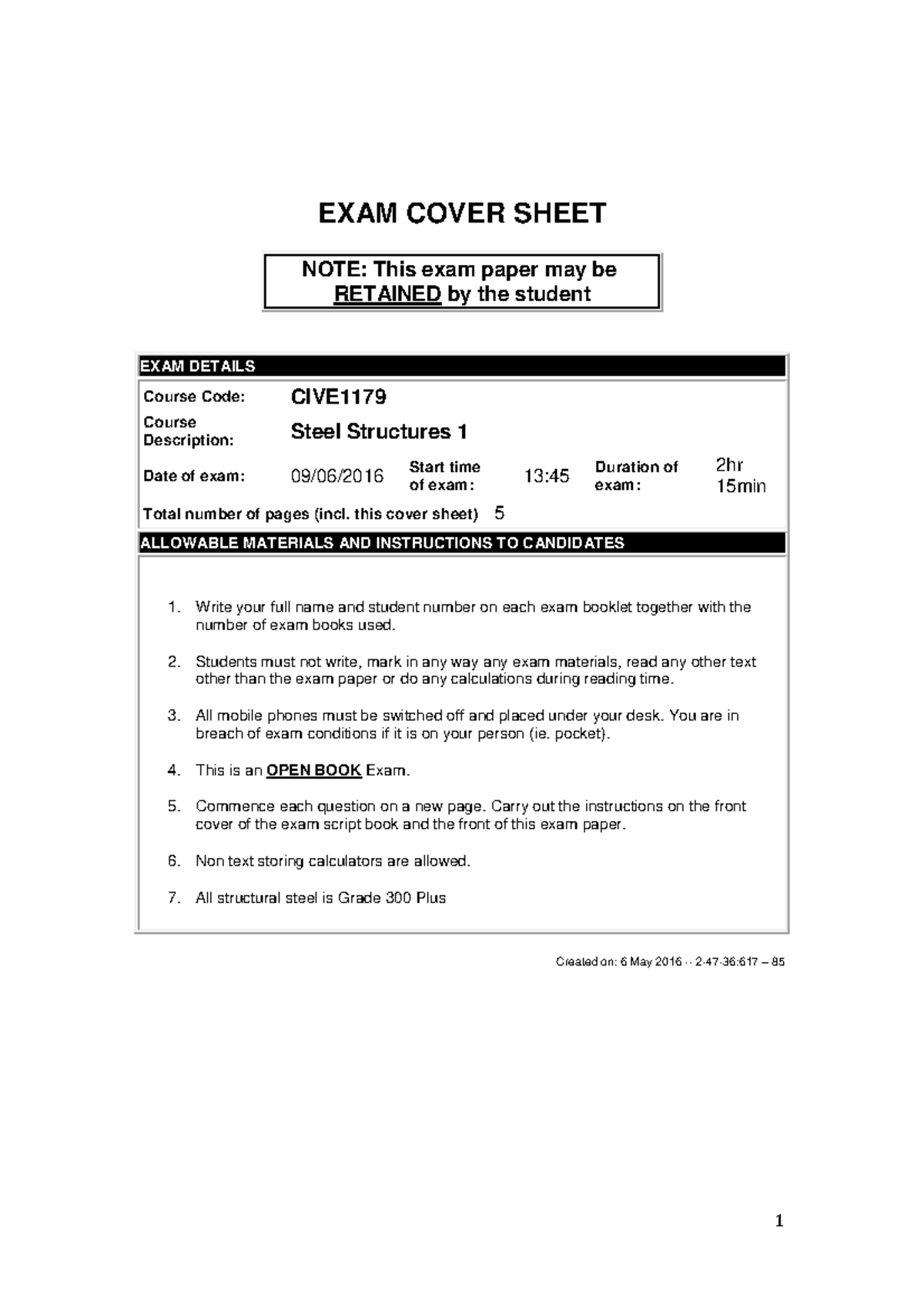 Exam 20 June 2016, answers - EXAM COVER SHEET NOTE: This exam paper may ...