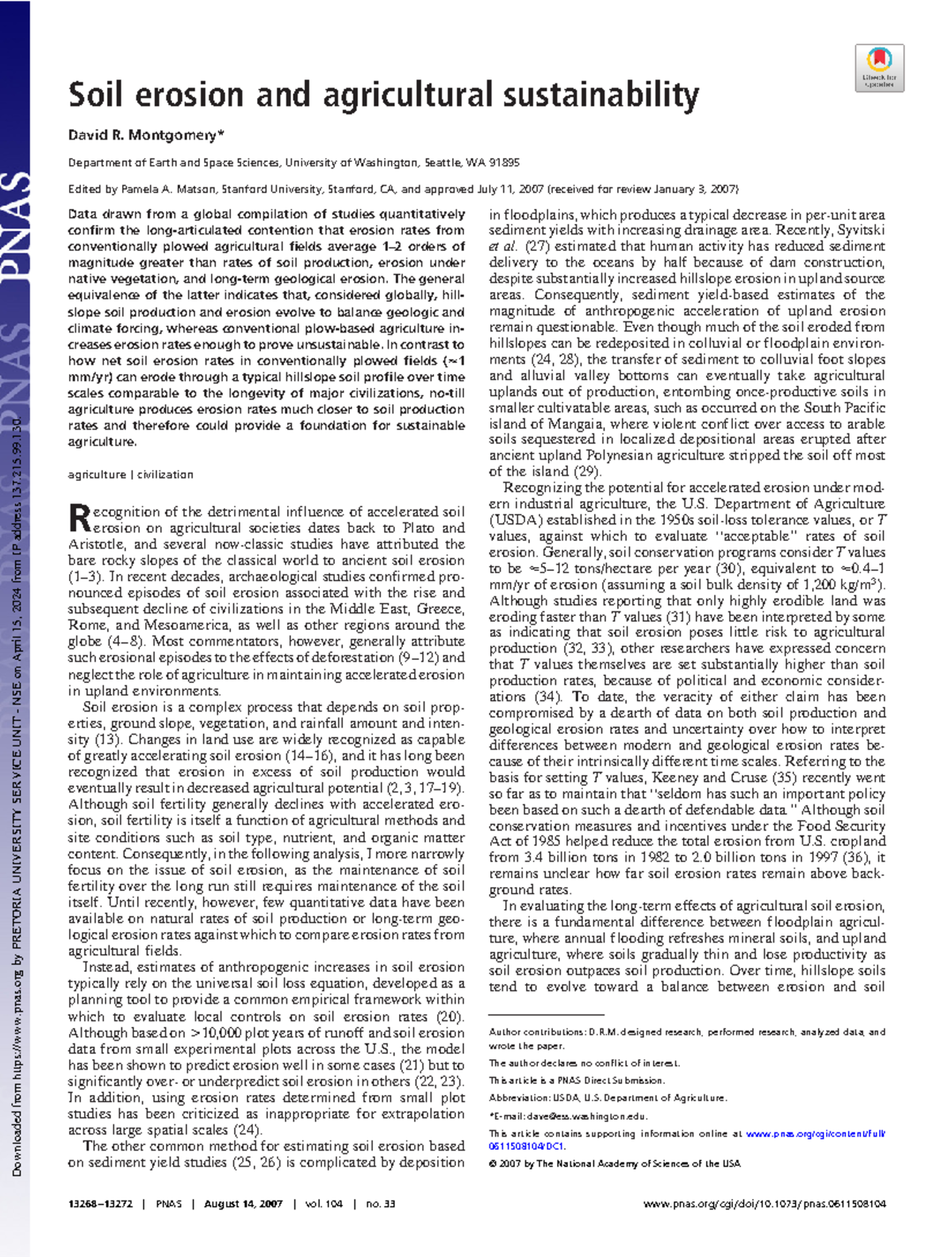 Montgomery 2007 soil erosion and agricultural sustainability - Soil ...