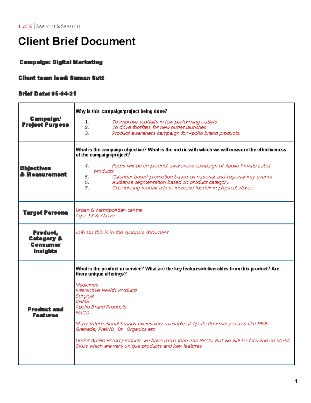 LK Saatchi Saatchi Brief Format - Client Brief Document Campaign ...