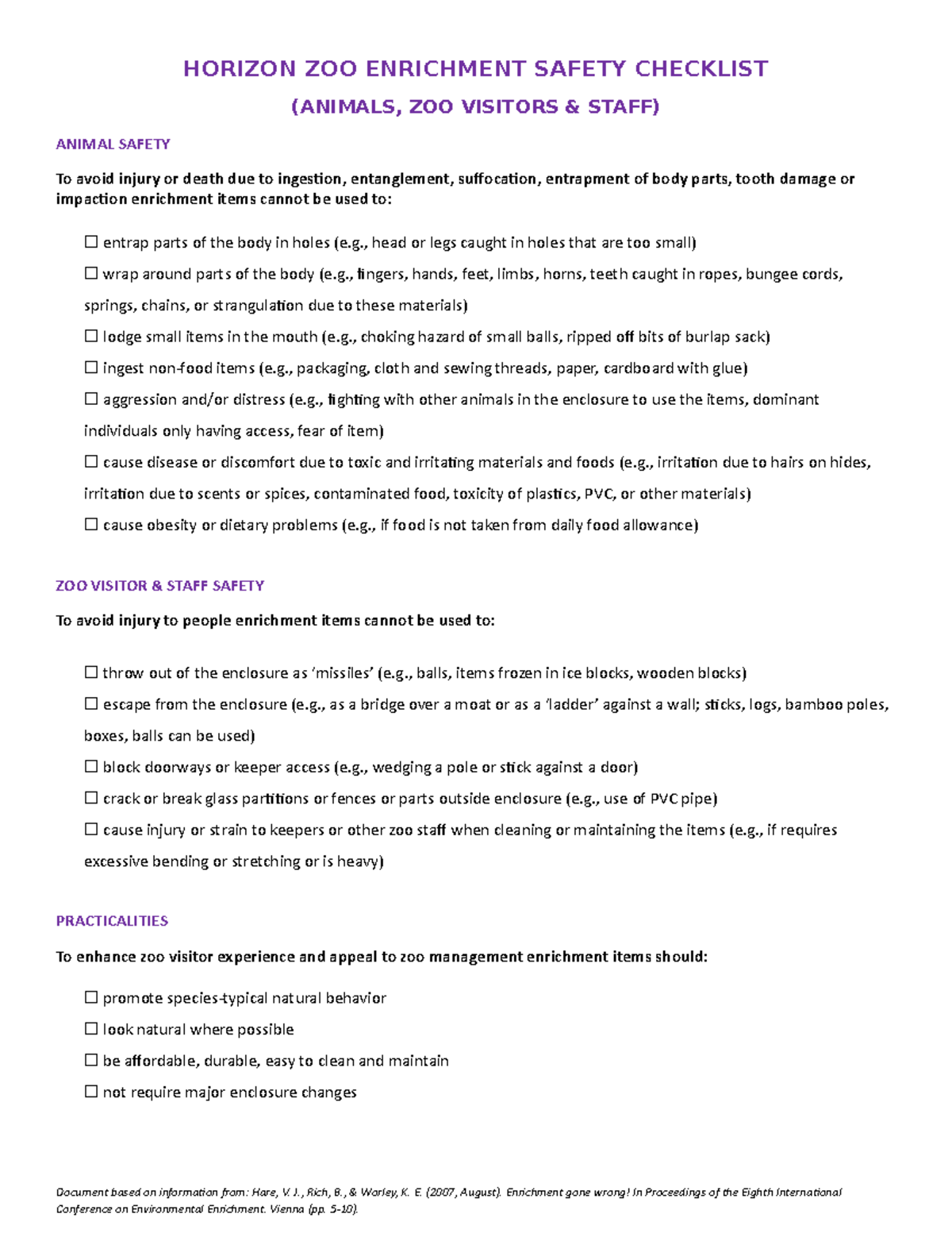 2022 Horizon ZOO Enrichment Safety Checklist 2 copy - HORIZON ZOO ...
