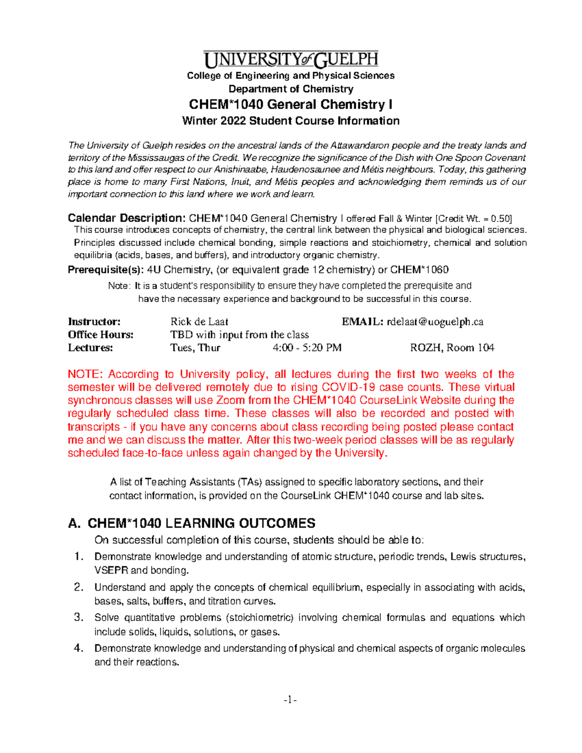 CHEM1040 Coures Outline winter 2022 - College of Engineering and ...
