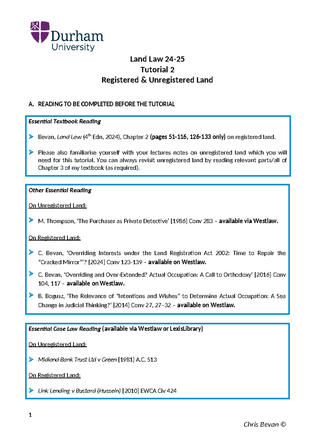 Land Law Tutorial 2 Sheet Chris Bevan Land Law 24 Tutorial 2