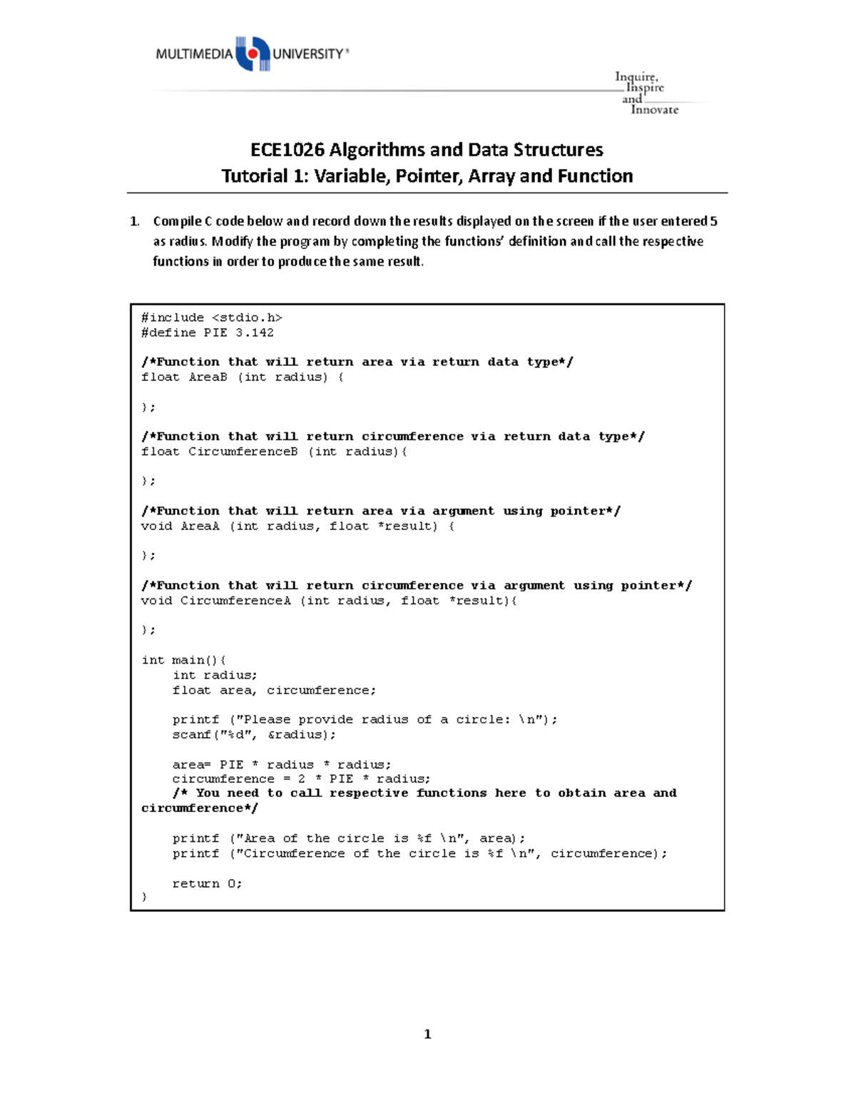ALGORITHMS AND DATA STRUCTURES ECE1026 TUTORIAL QUESTION - ECE1026 ...