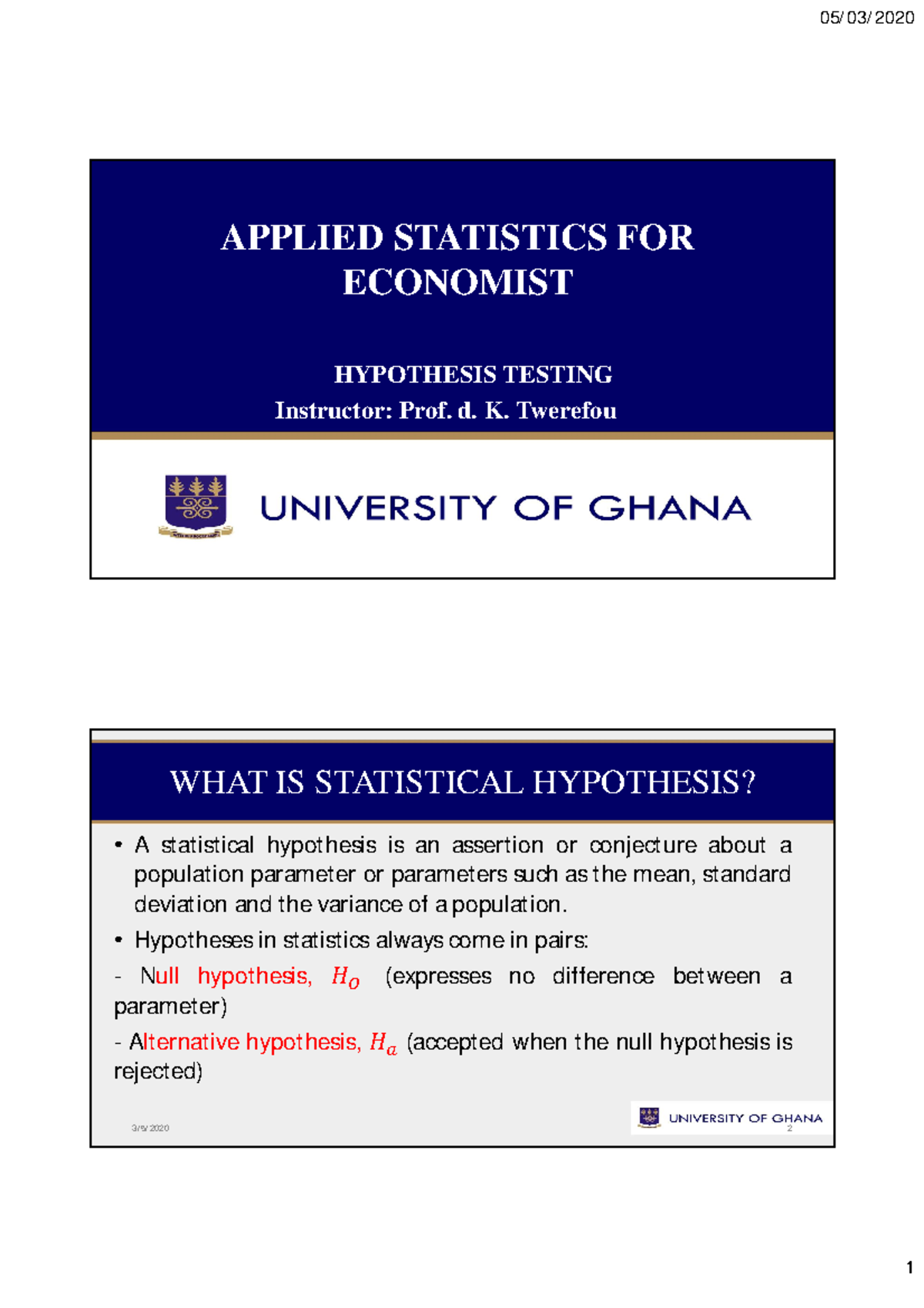 Lecture 2 Hypothesis Testing - APPLIED STATISTICS FOR ECONOMIST ...