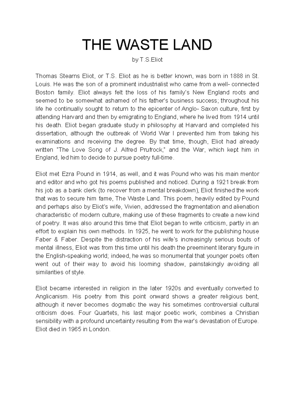 Apuntes THE Waste LAND - THE WASTE LAND by T.S Thomas Stearns Eliot, or ...