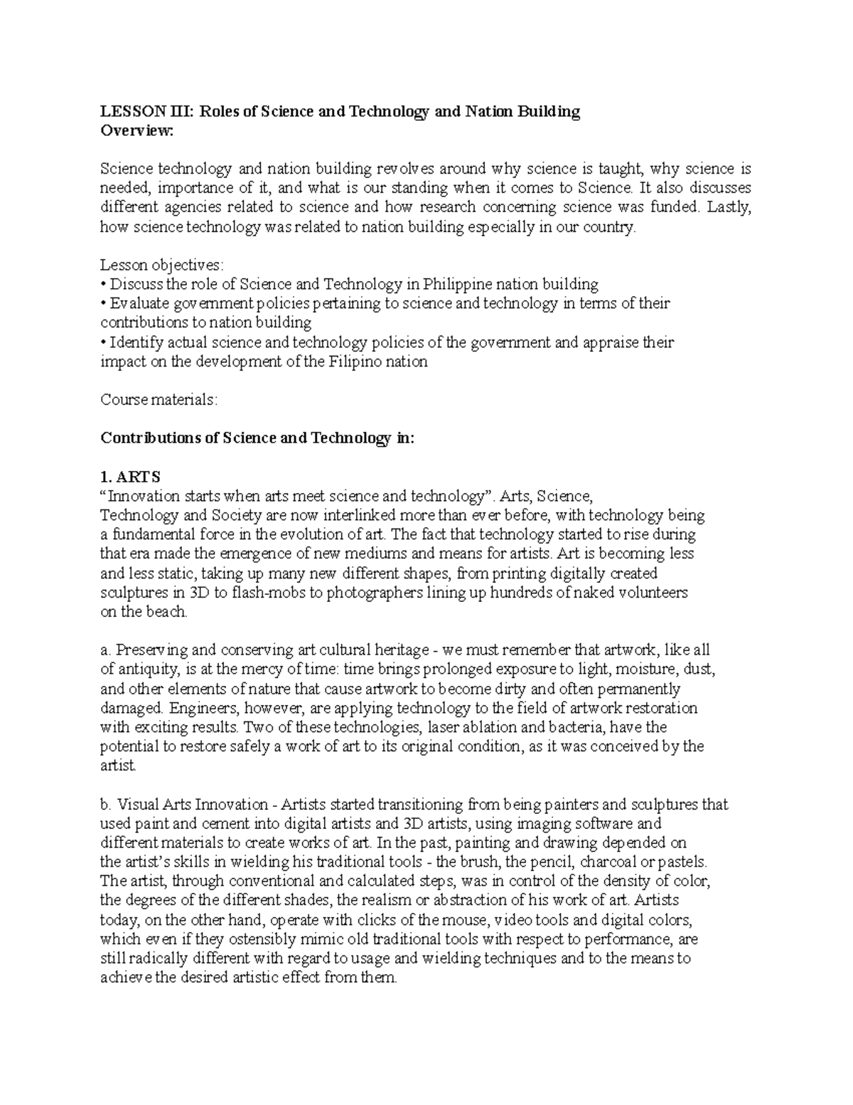 STS - sts learning materials - LESSON III: Roles of Science and ...