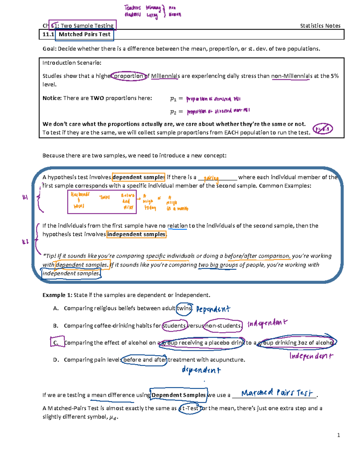 Chapter 11 Notes - Ch 11: Two Sample Testing Statistics Notes 11 ...