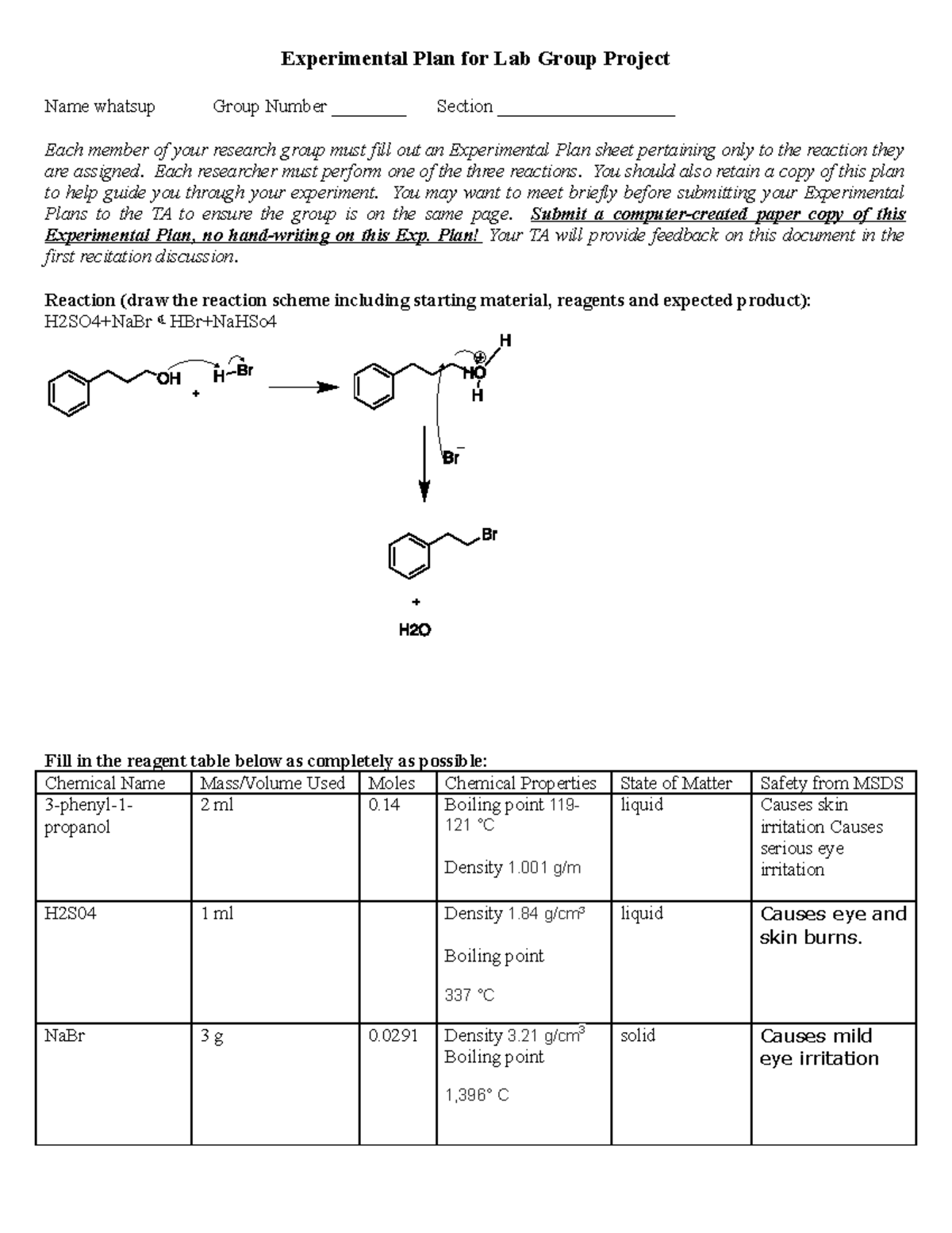 Experimental Plan - Each researcher must perform one of the three ...