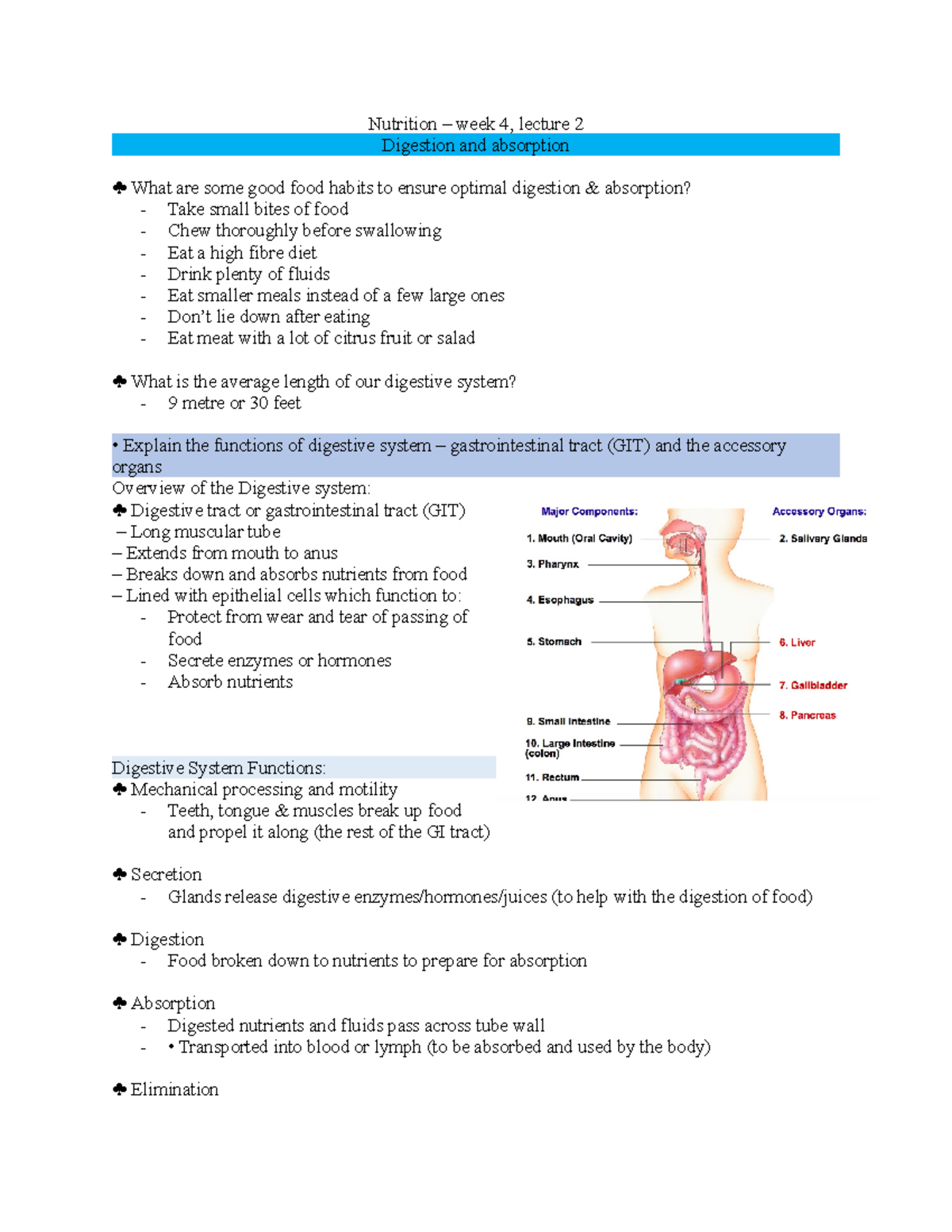 Nutrition – week 4, lecture 2 - Nutrition – week 4, lecture 2 Digestion ...