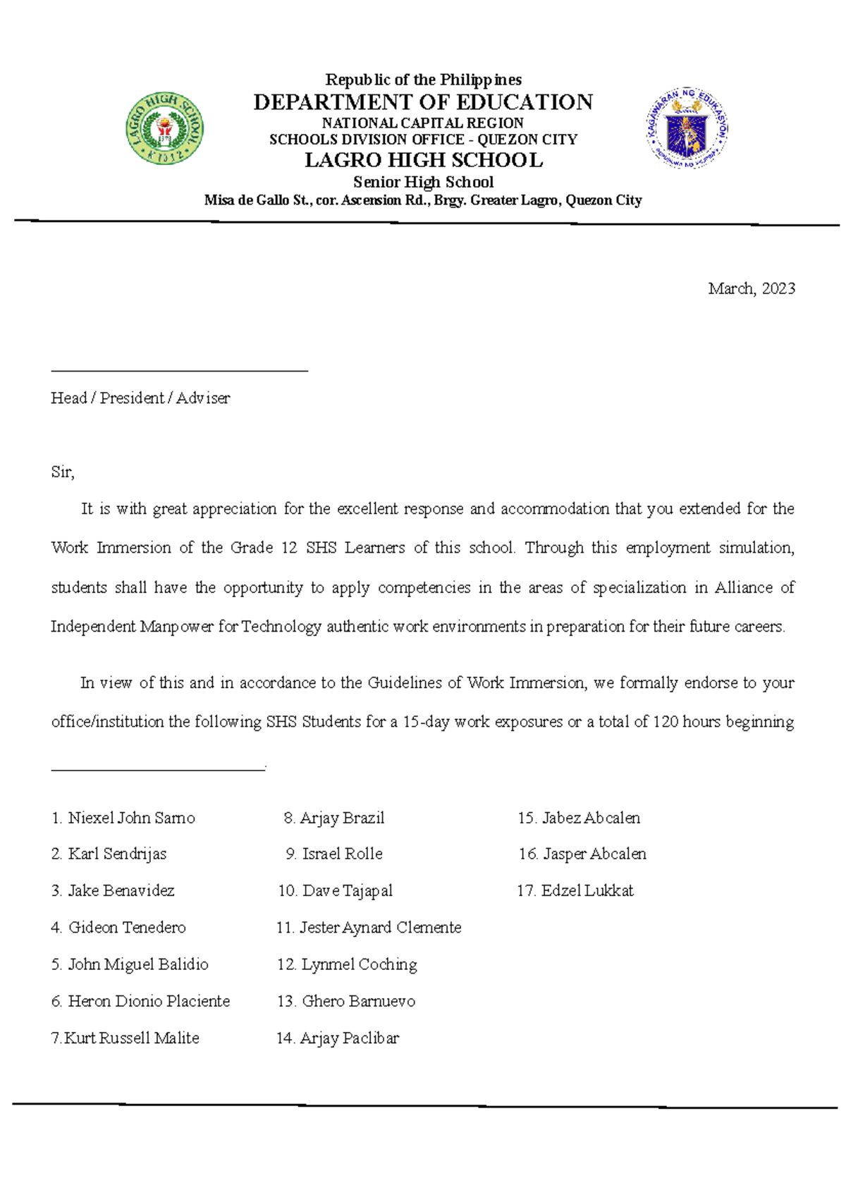 Work-immersion-Edzel - Republic of the Philippines DEPARTMENT OF ...