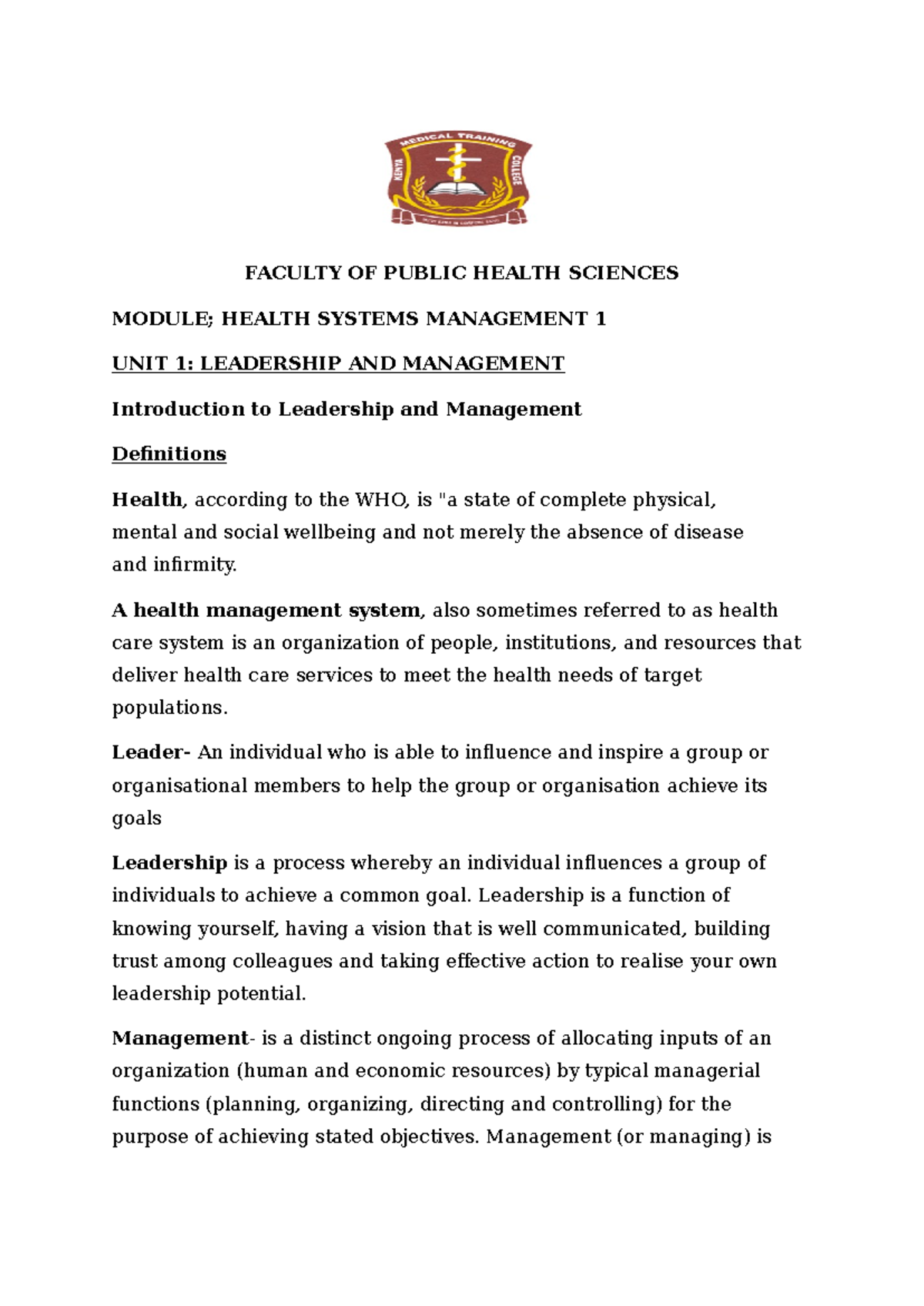 HSM 1 unit 1 leadership and management - FACULTY OF PUBLIC HEALTH ...