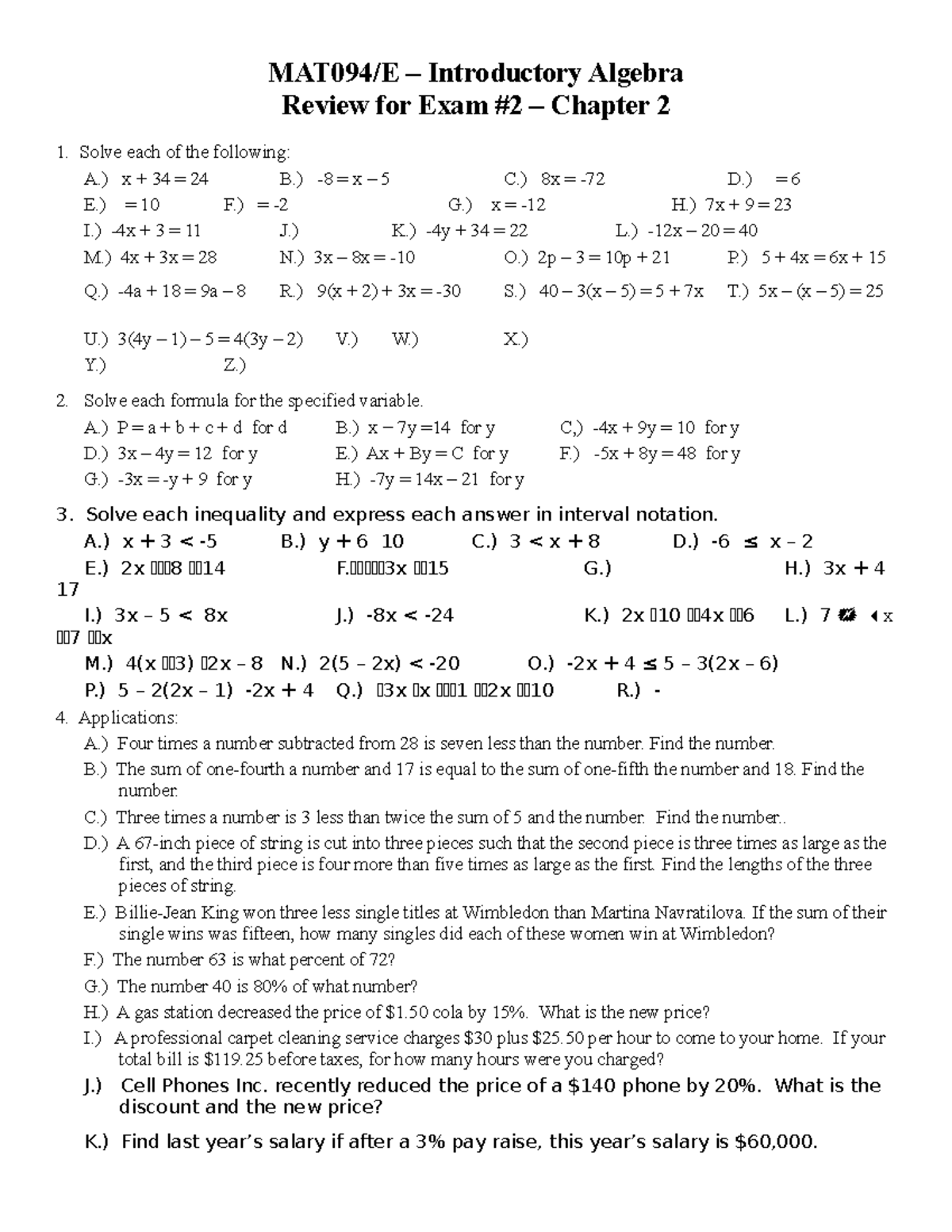 Review-for-Exam-2 - Review sheet for exam. - MAT094/E – Introductory Algebra Review for Exam #2 ...