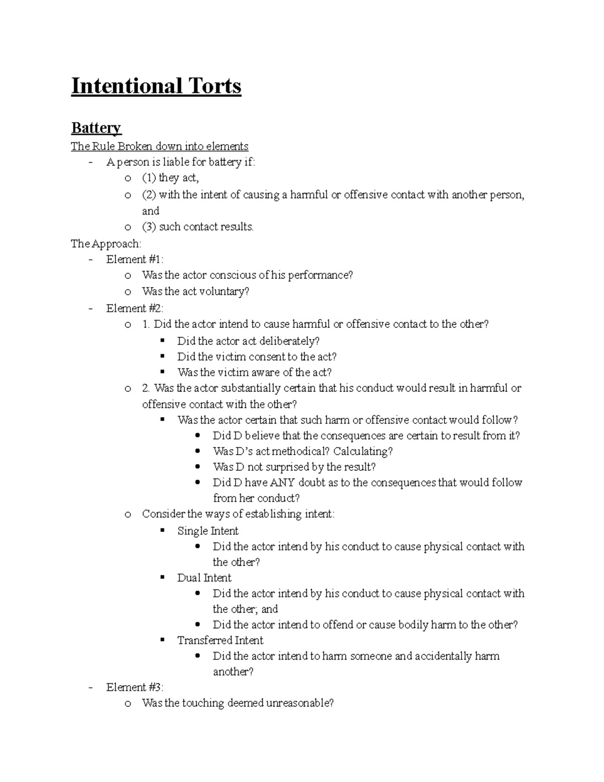 Torts Final Outline - Intentional Torts Battery The Rule Broken down ...