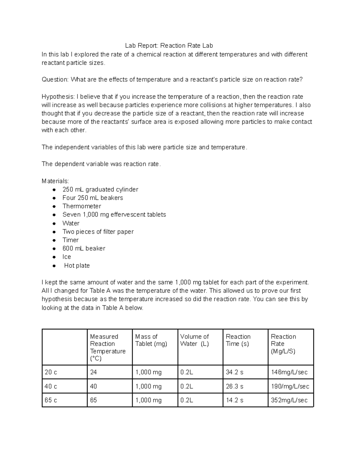 Lab - idk - Lab Report: Reaction Rate Lab In this lab I explored the ...
