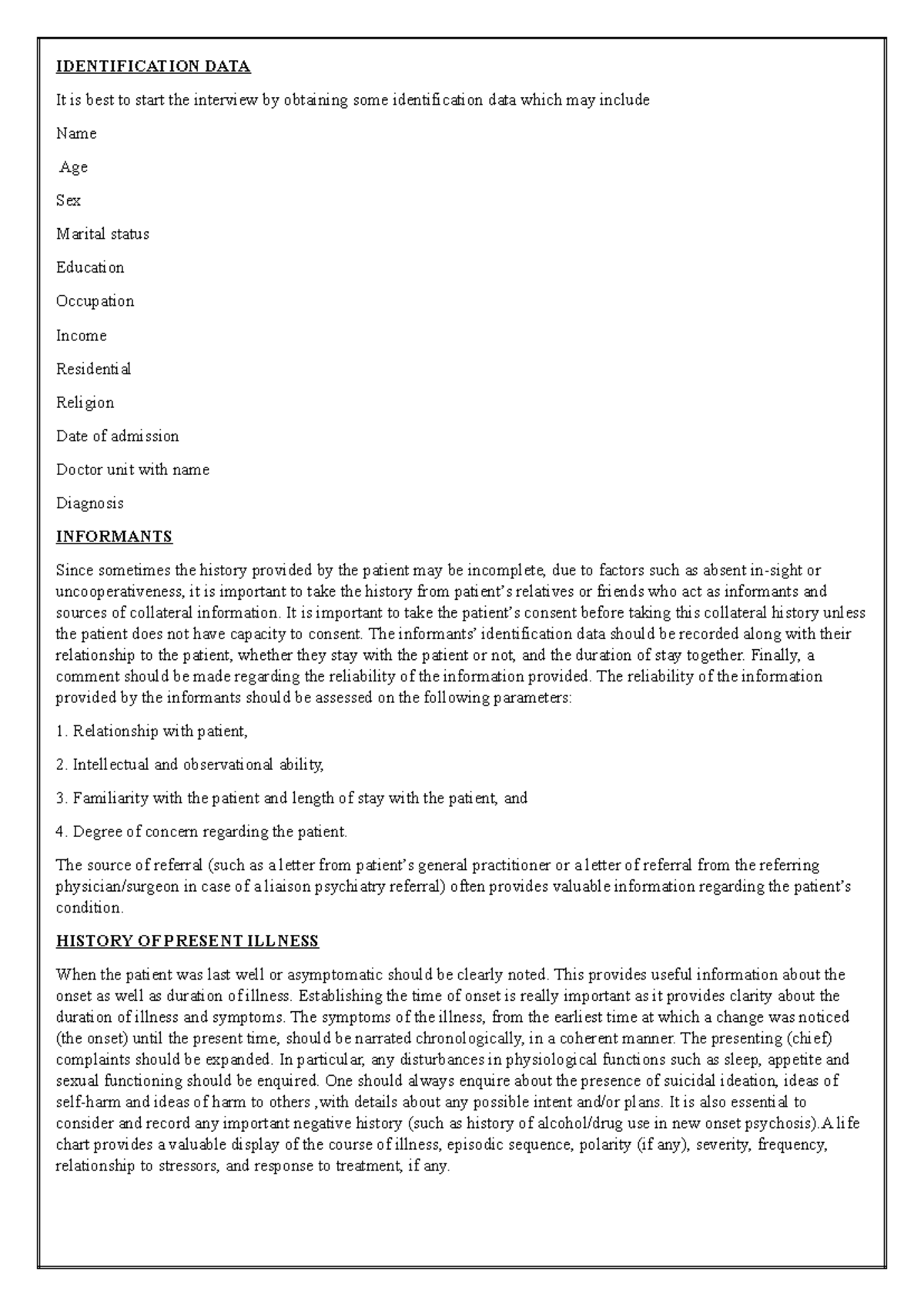 History collection format of psych - IDENTIFICATION DATA It is best to ...