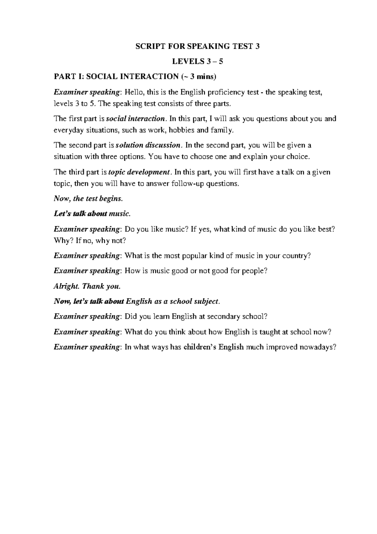 Speaking TEST 3 - nnnnnnn - SCRIPT FOR SPEAKING TEST 3 LEVELS 3 – 5 ...