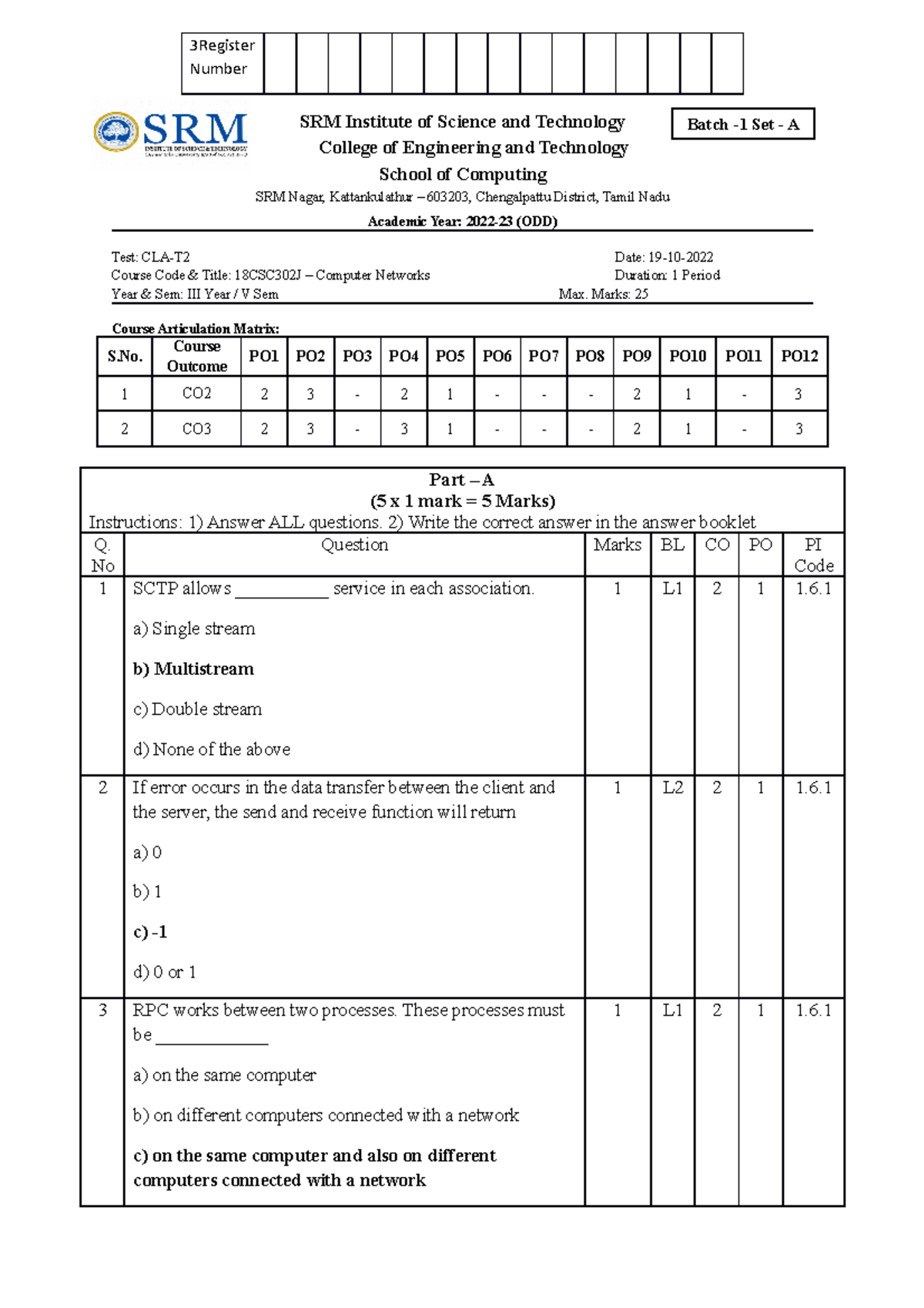 CLAT2 - SET A KEY - Practise set - 3Register Number SRM Institute of Science and Technology ...
