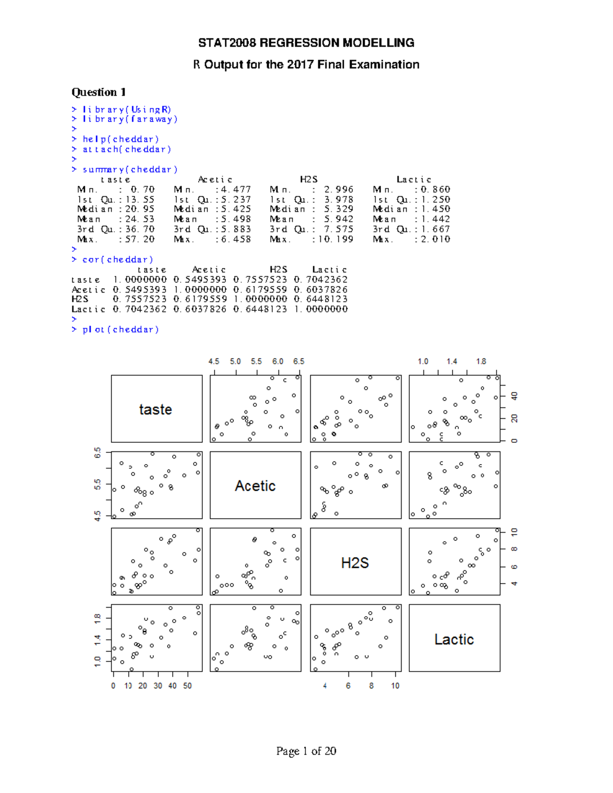 Exam 2017, questions - STAT2008 REGRESSION MODELLING R Output for the 2017 Final Examination ...
