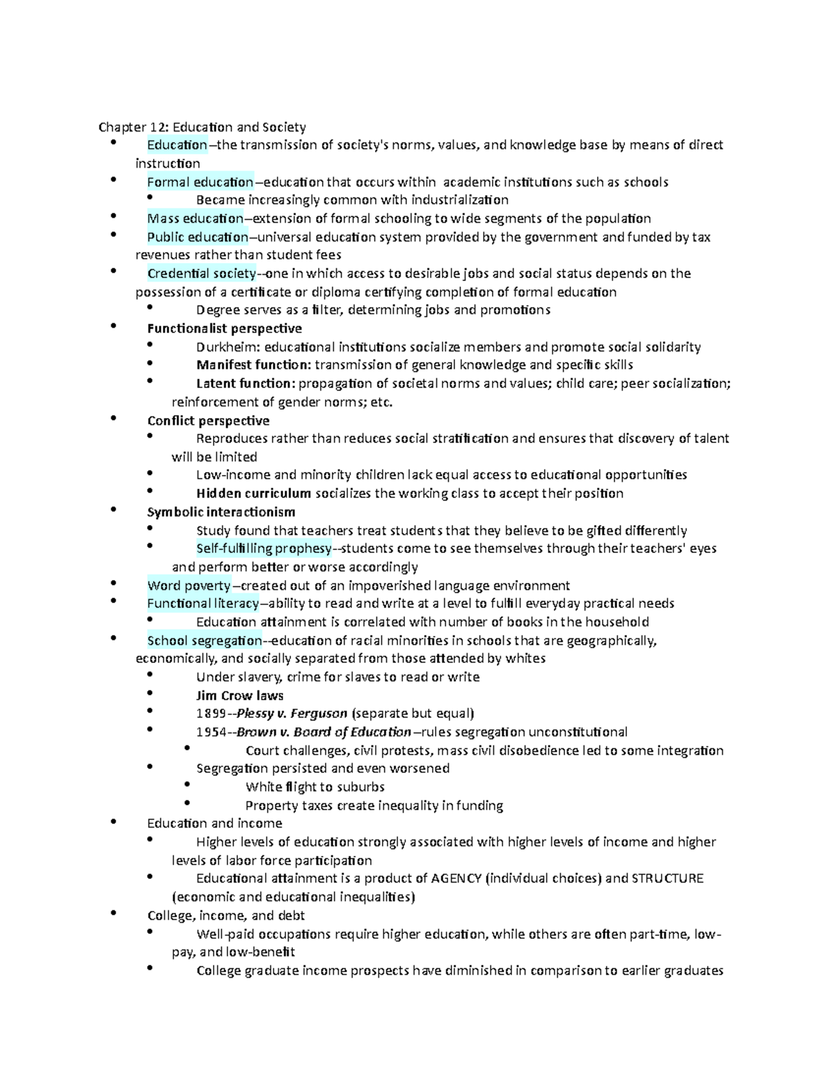 SOC1010 Chapter 12 - Lecture notes 12 - Chapter 12: Education and ...