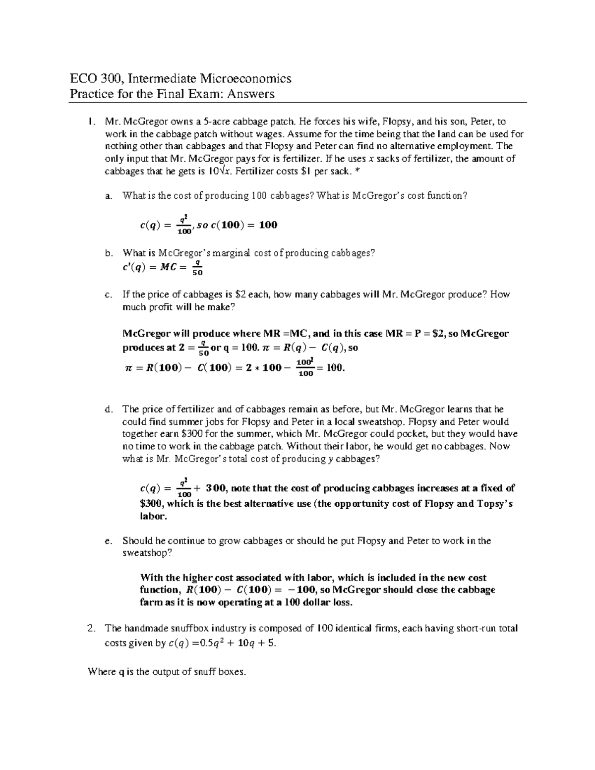 Practice Problems for Final Exam Answers - ECO 300, Intermediate Microeconomics Practice for the ...