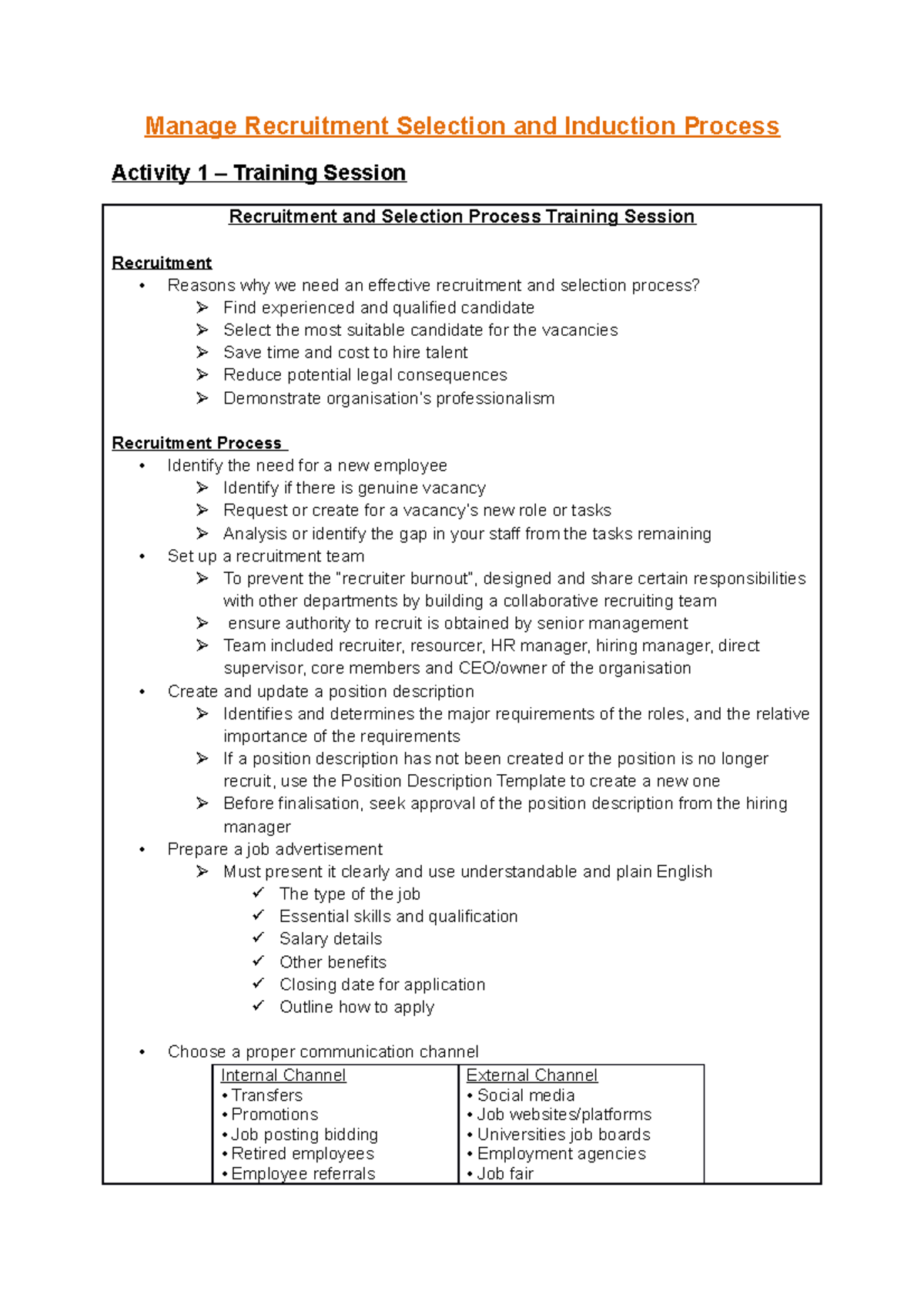 Manage Recruitment Selection and Induction Process - Collect ...