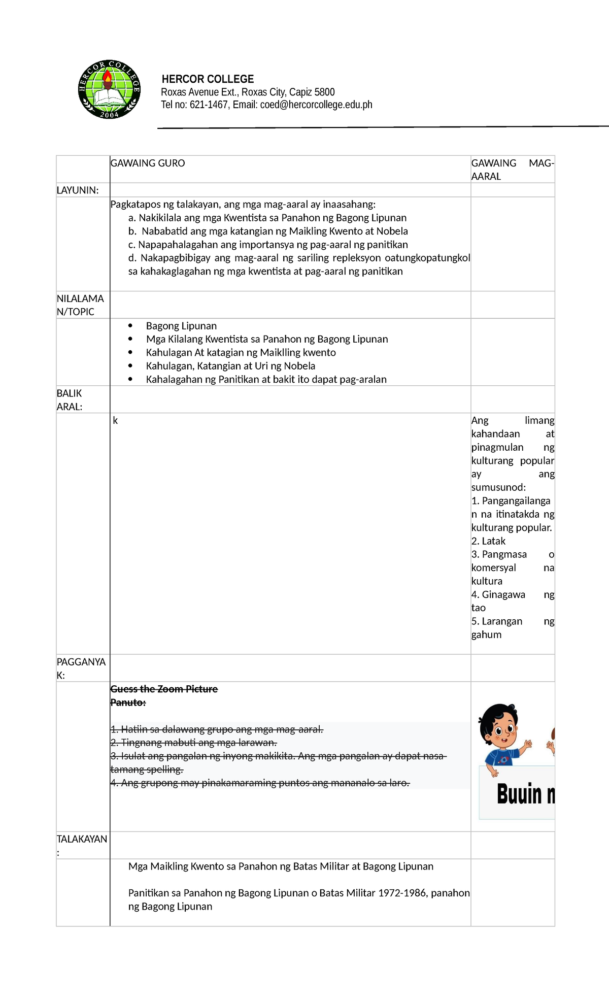 Lesson Plan sa maikling kwento - HERCOR COLLEGE Roxas Avenue Ext ...