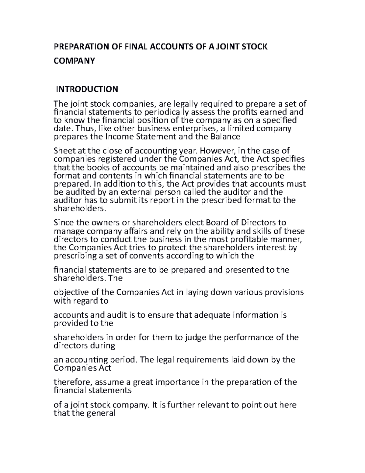 Preparation OF Final Accounts OF A Joint Stock - PREPARATION OF FINAL ...