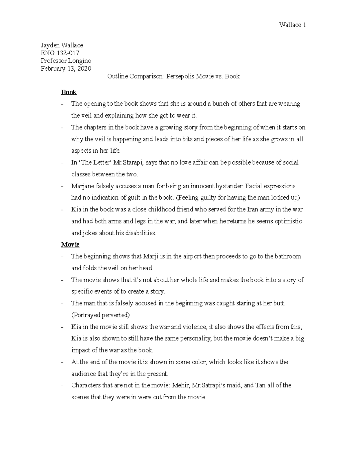 Outline Comparison Persepolis Movie vs. Book - Wallace 1 Jayden Wallace ...