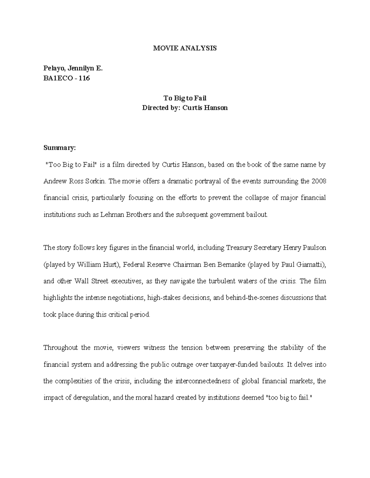 Movie Analysis - .... - MOVIE ANALYSIS Pelayo, Jennilyn E. BA1ECO - 116 ...