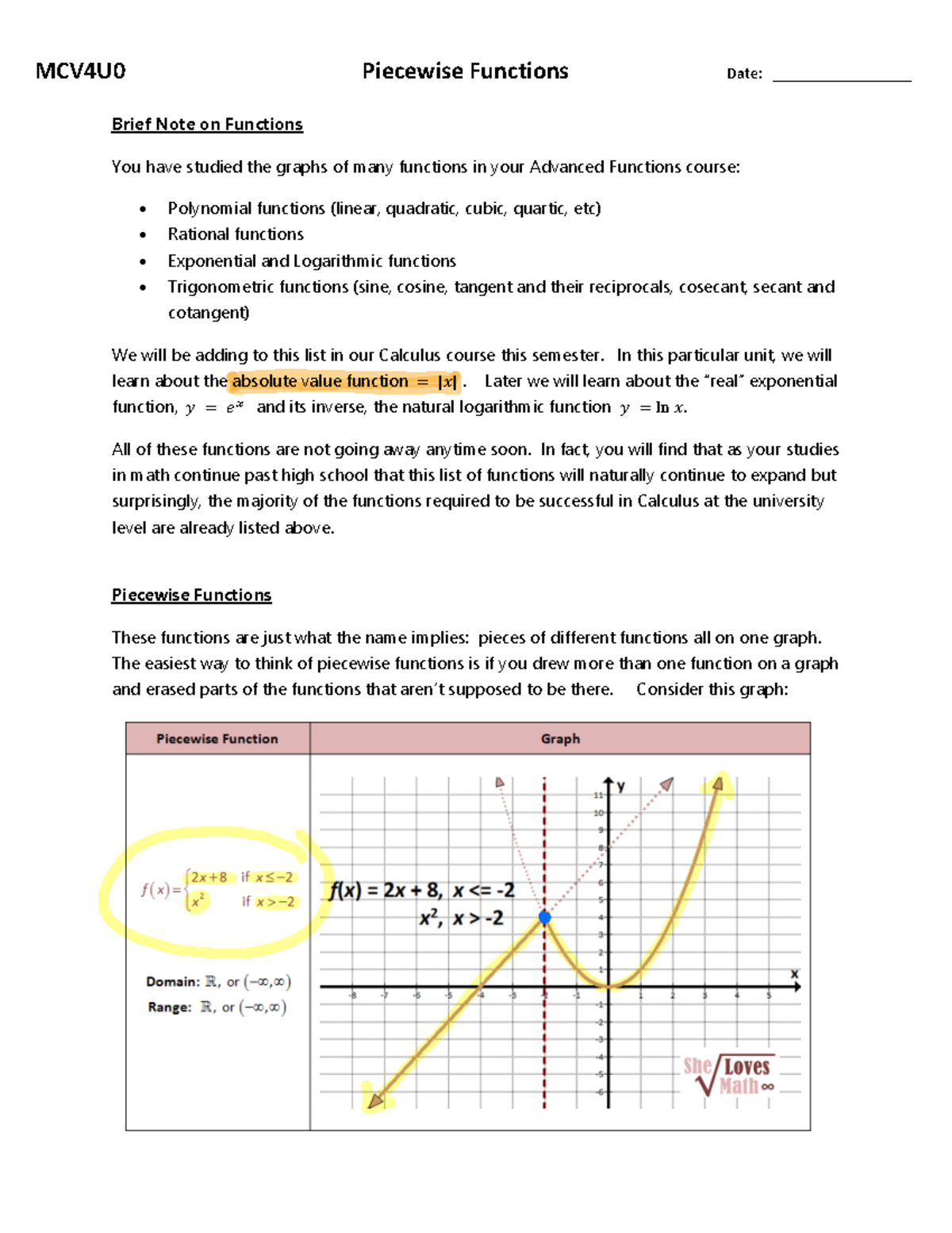 Piecewise Functions Lesson - MCV4U0 Piecewise Functions Date ...