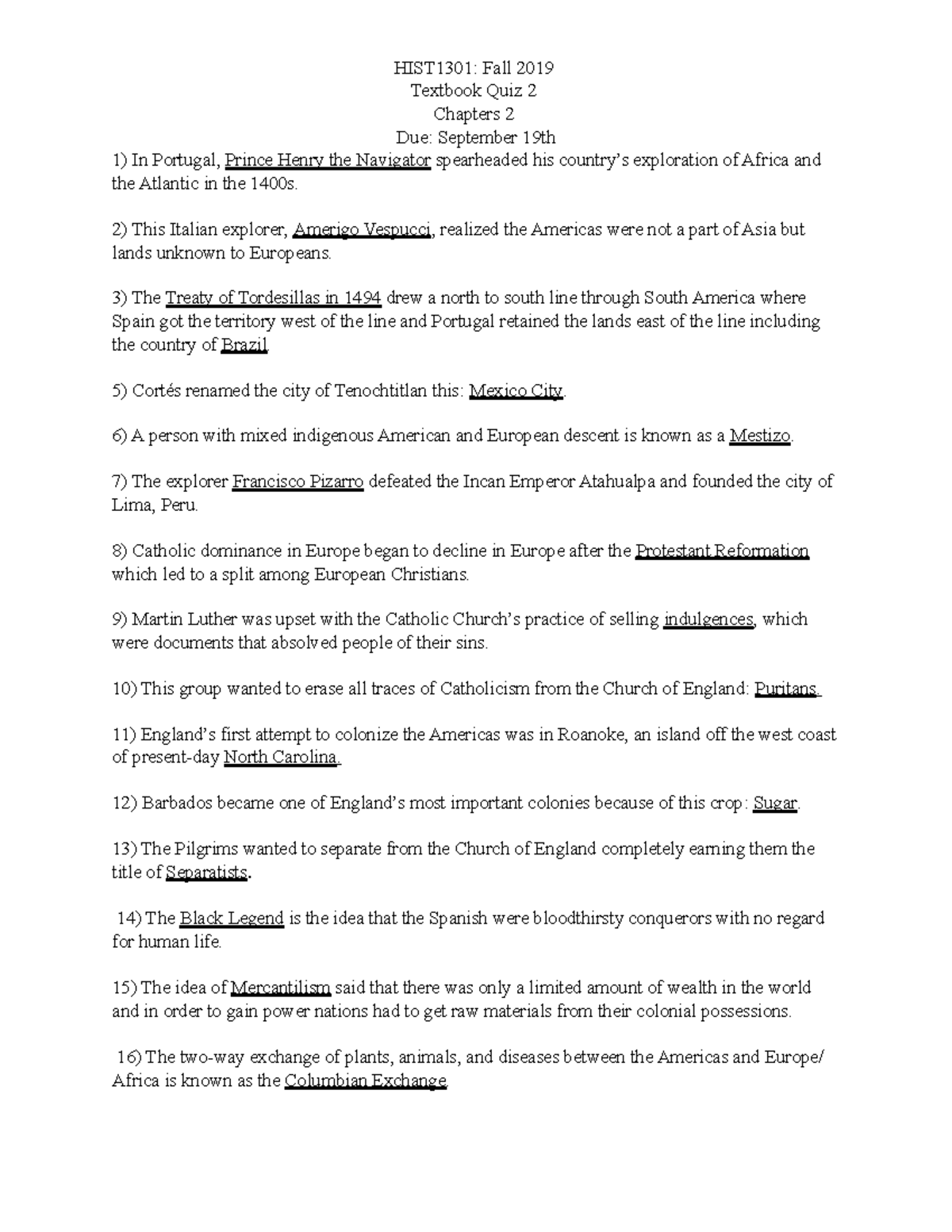 Textbook Quiz 2 Questions and answers ... maybe - HIST1301: Fall 2019 ...