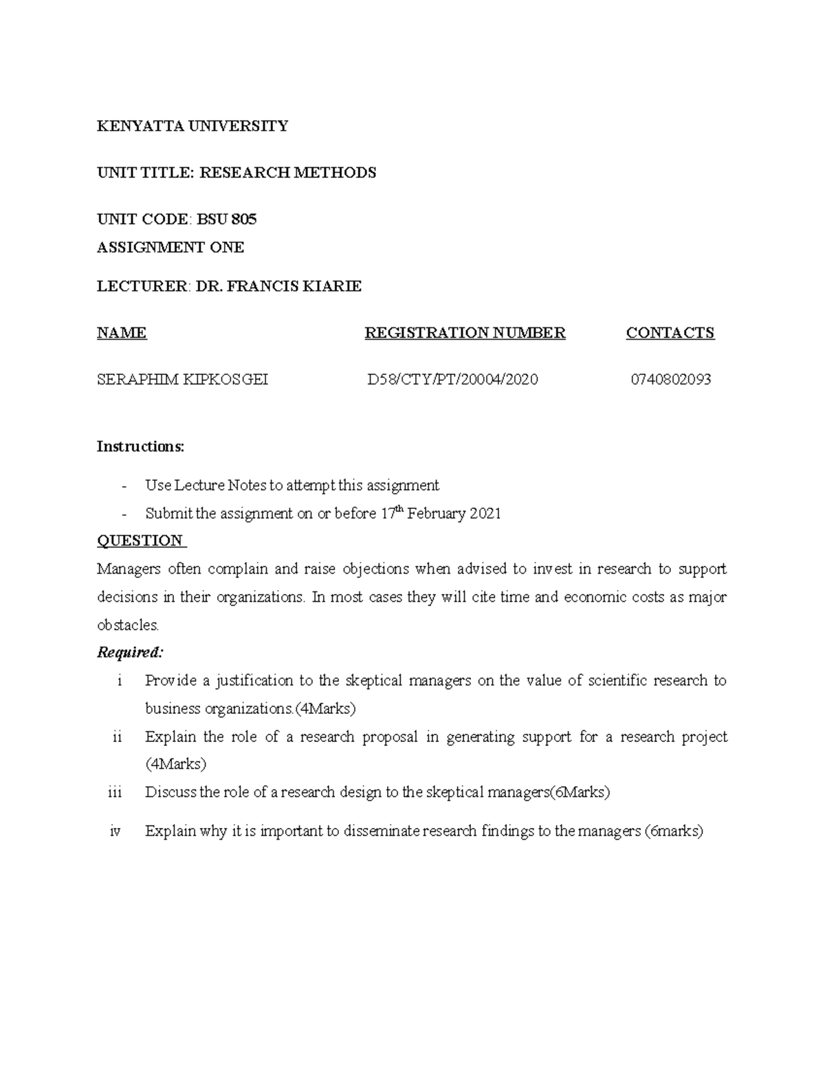 Research Methods Assignment - KENYATTA UNIVERSITY UNIT TITLE: RESEARCH ...