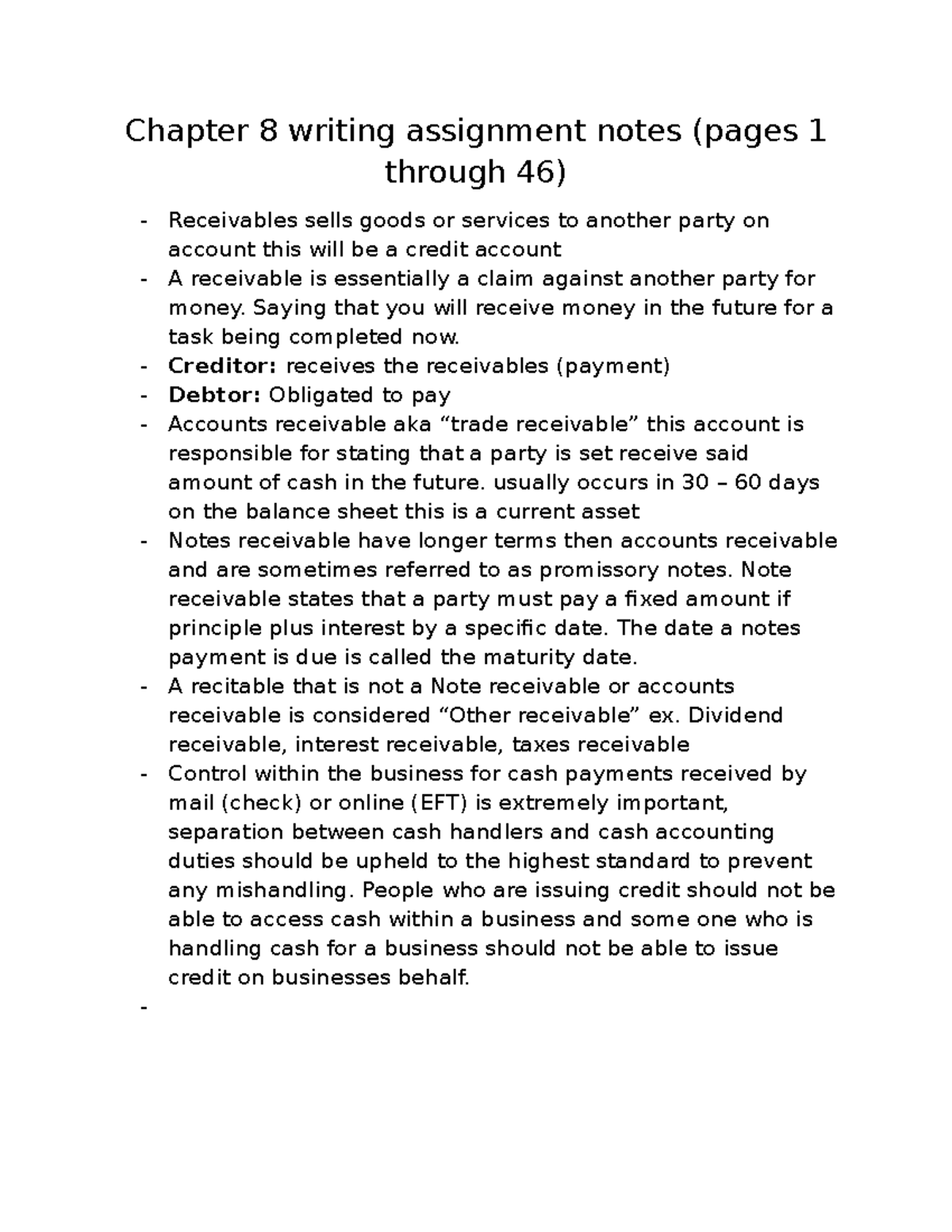 Accounting Paer notes - Chapter 8 writing assignment notes (pages 1 ...