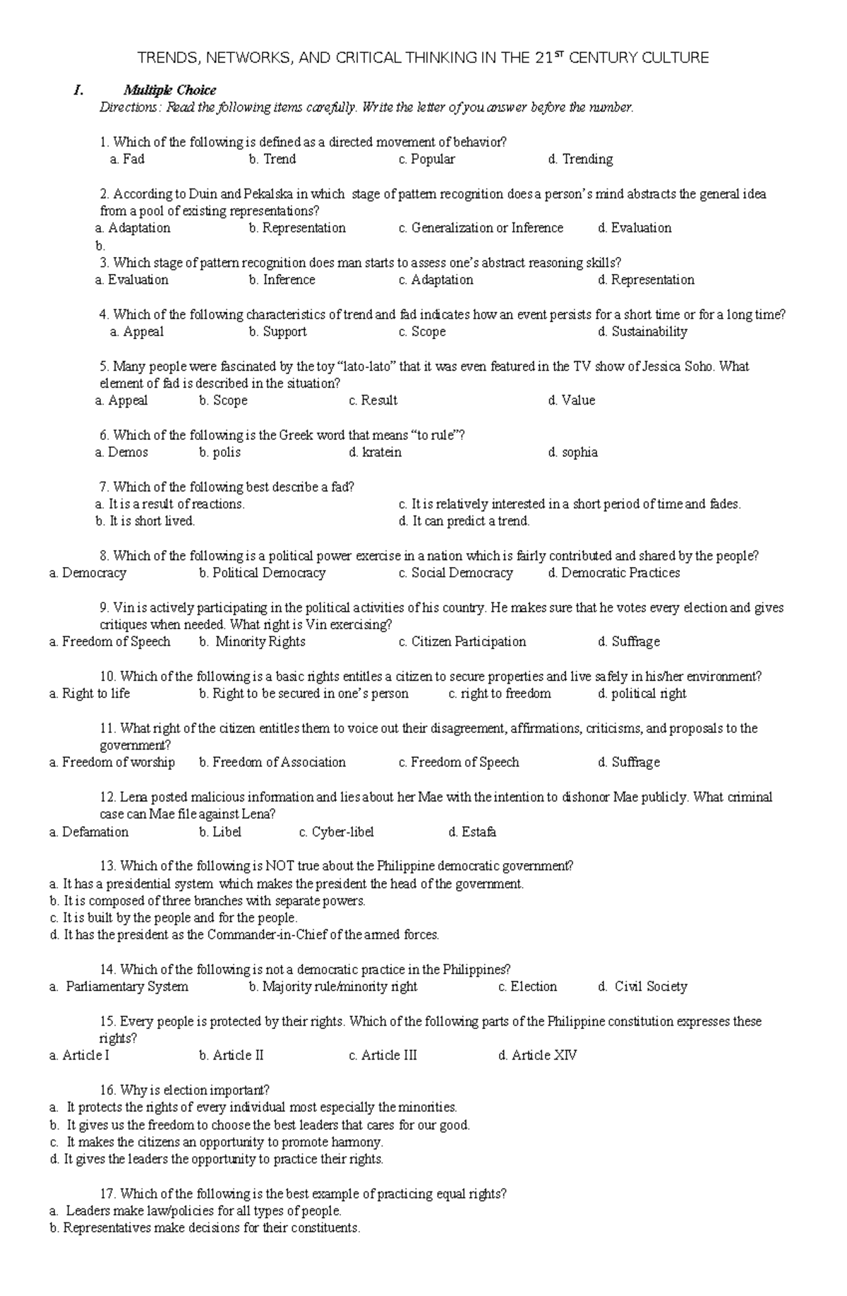 TNCT - Sample examination - TRENDS, NETWORKS, AND CRITICAL THINKING IN ...