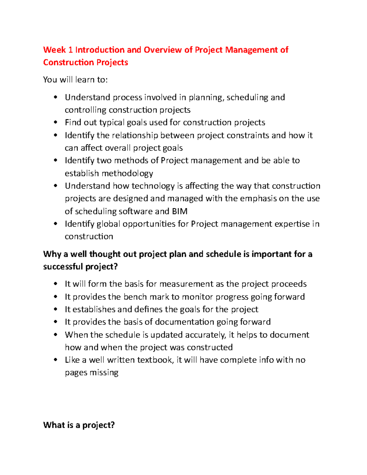 Week 1 Introduction and Overview of Project Management of Construction ...