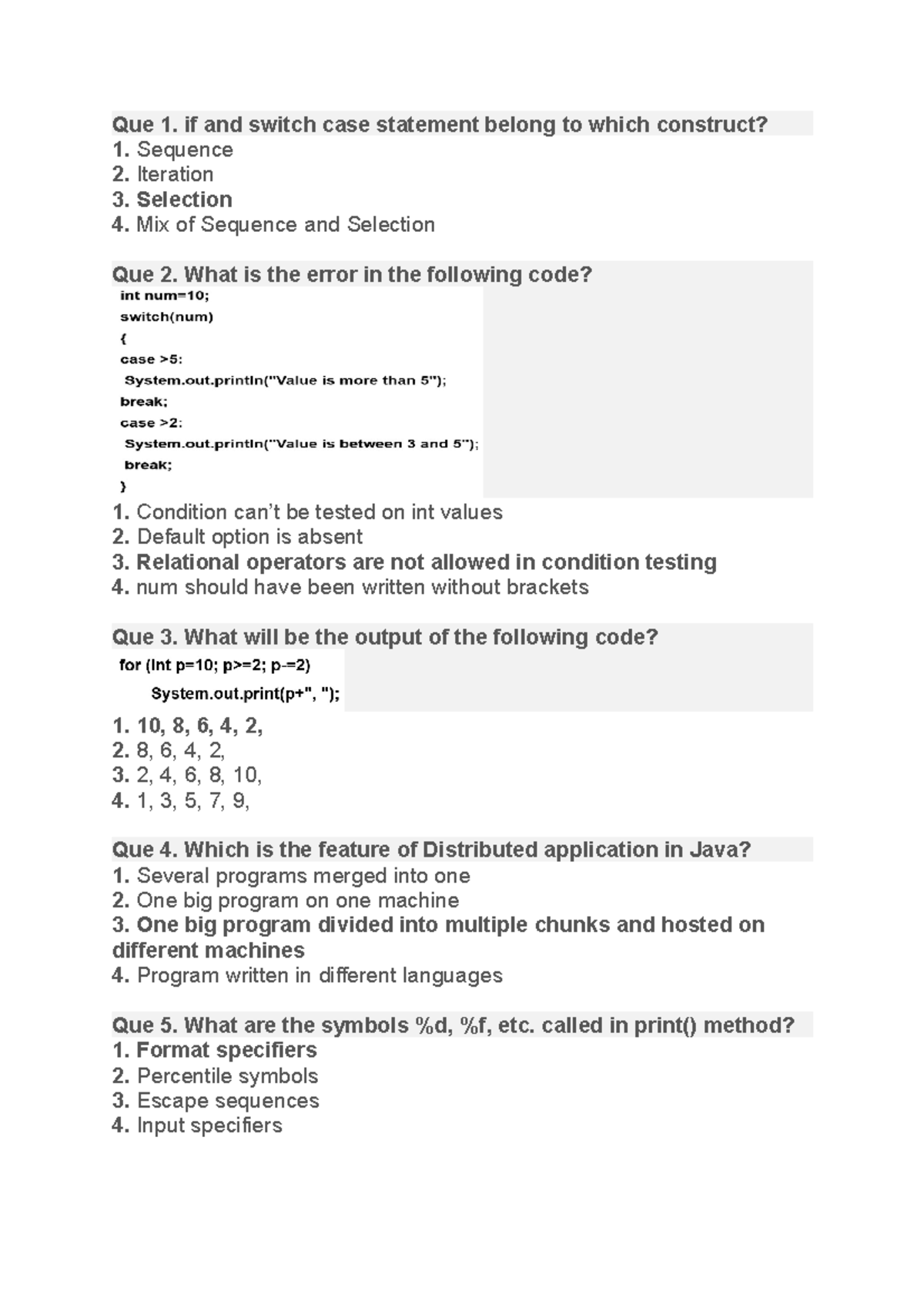 Java Que 1 If And Switch Case Statement Belong To Which Construct Sequence Iteration