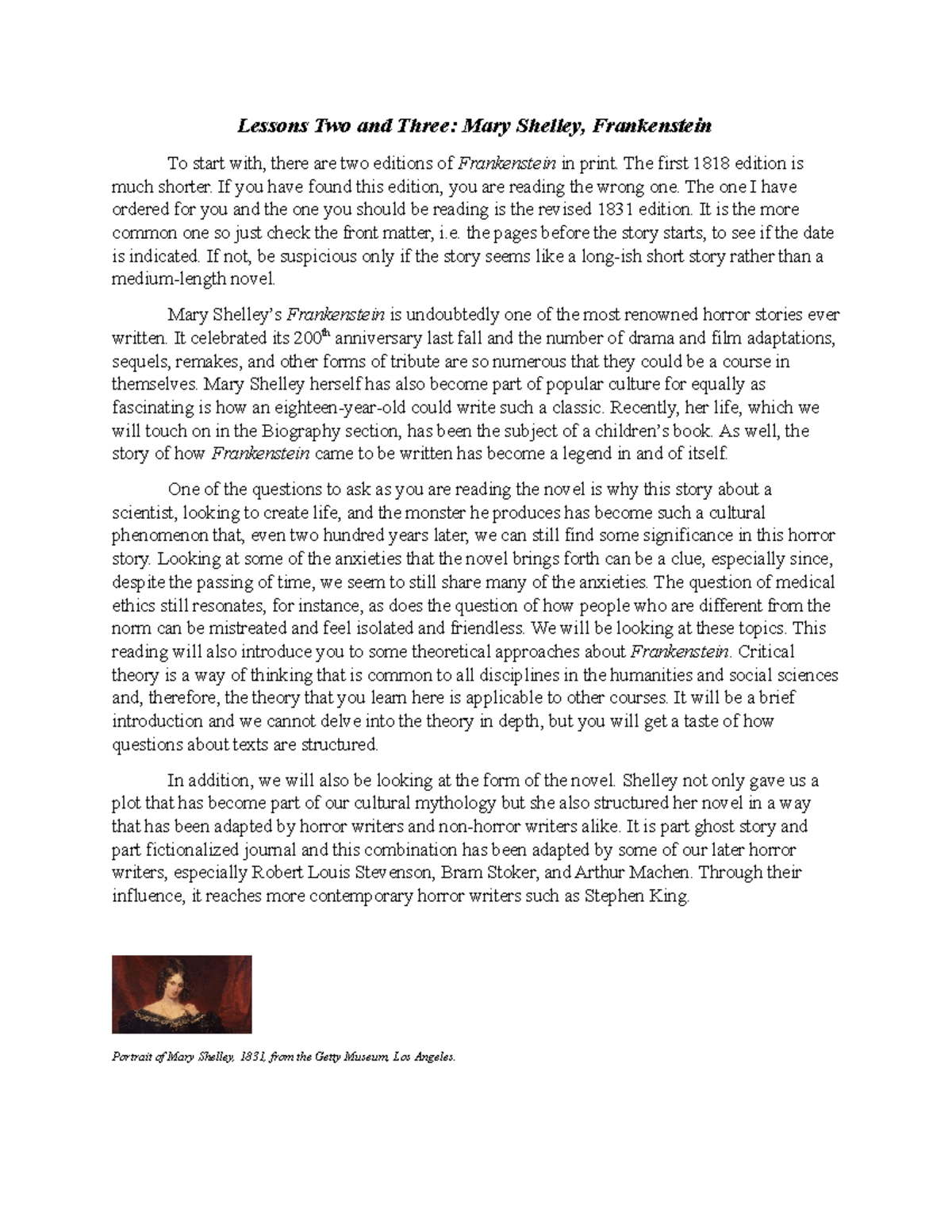 Lesson 2 & 3 Shelley - WOrksheet - Lessons Two and Three: Mary Shelley ...