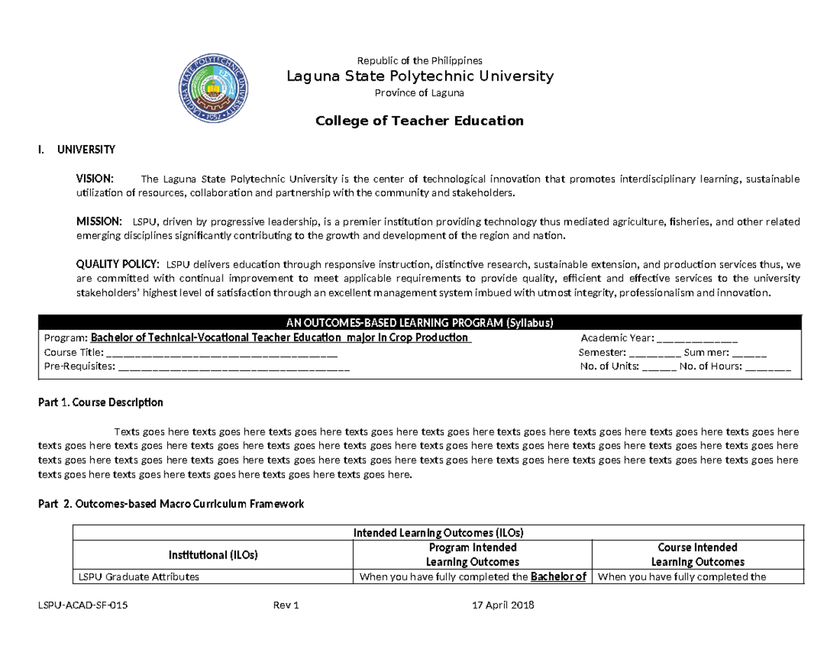 Btvted Course Syllabus Template - Republic of the Philippines Laguna ...